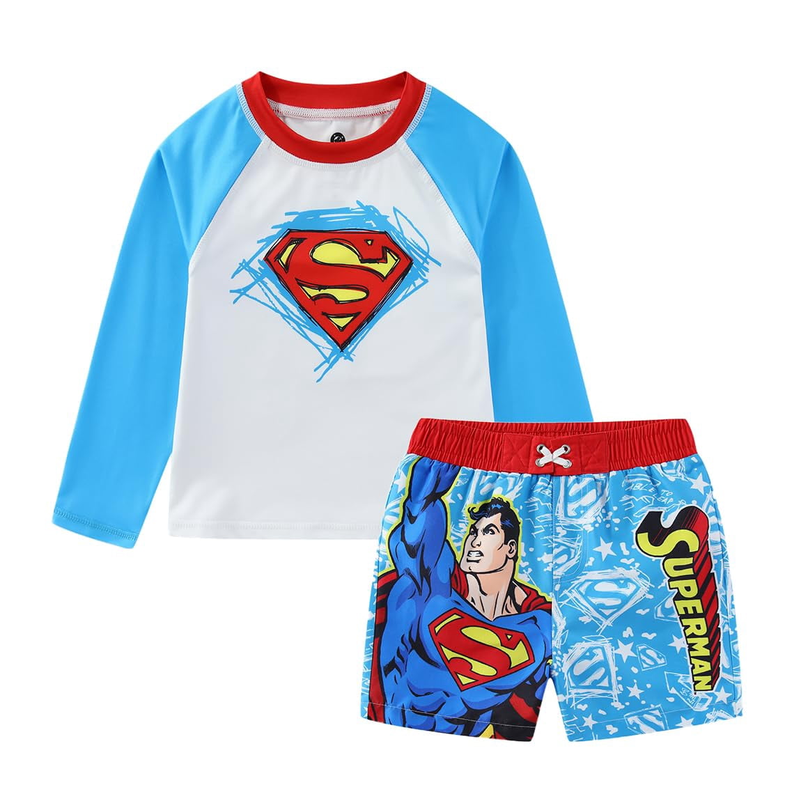 Warner Bros. Superman UPF 50+ Rash Guard and Swim Trunks Shorts ...