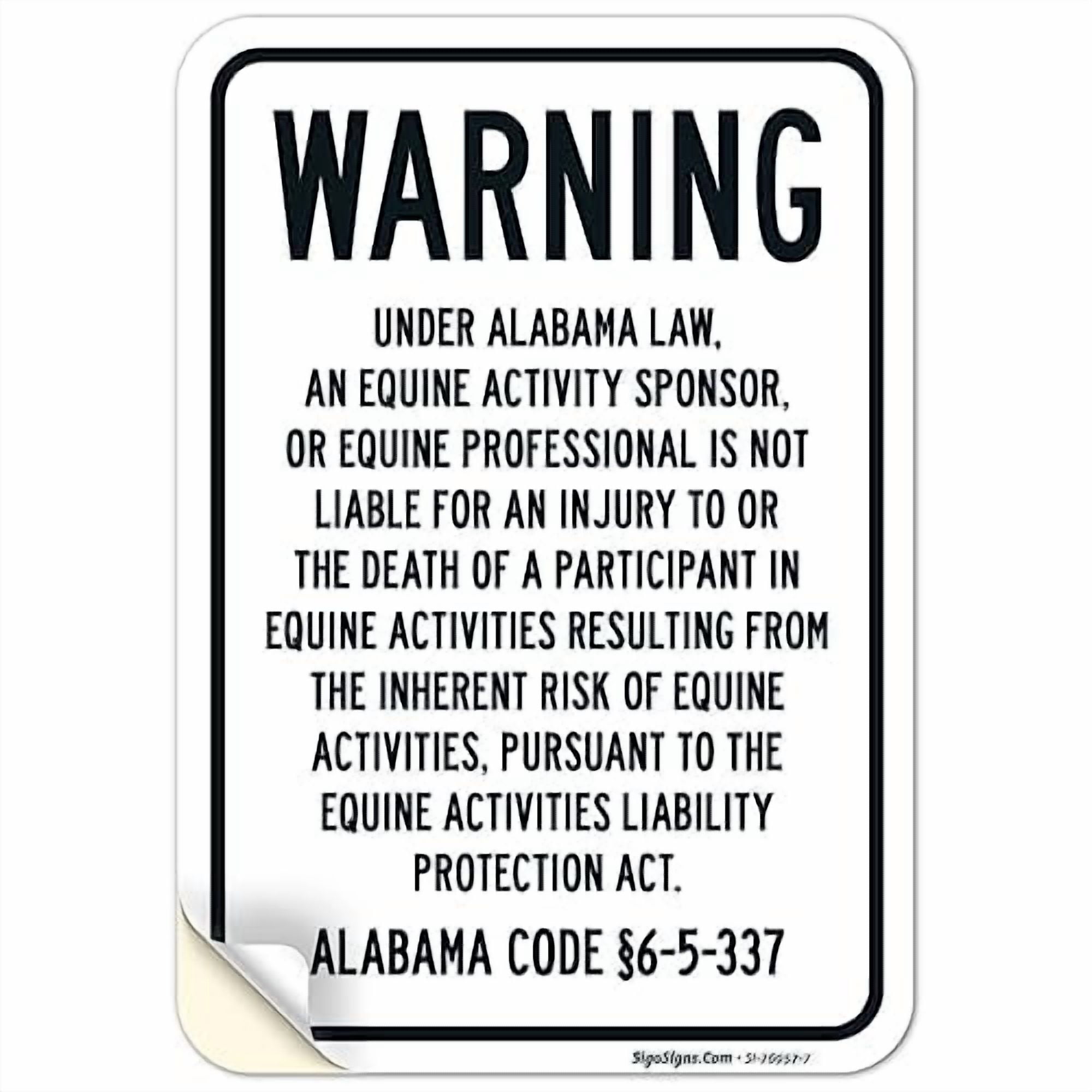 Warning Under Alabama Law an Equine Activity Sponsor is Not Liable for ...