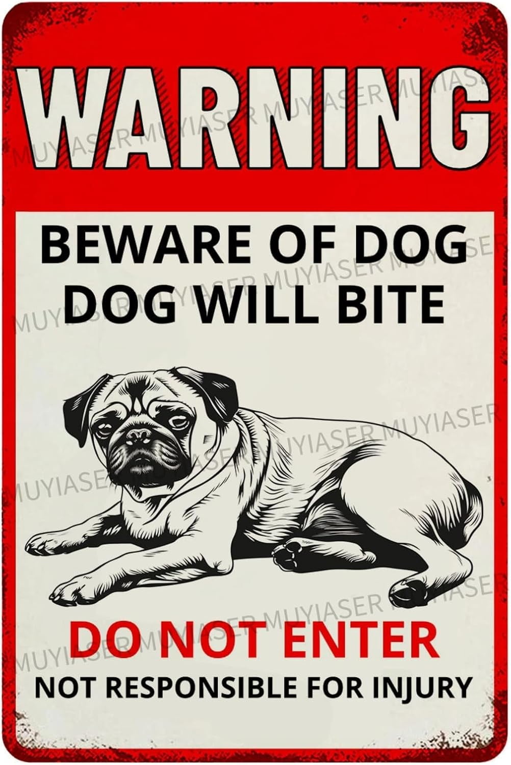 Warning Beware Of Dog Sign Dog Will Bite Pug Aluminum Metal Tin Signs ...