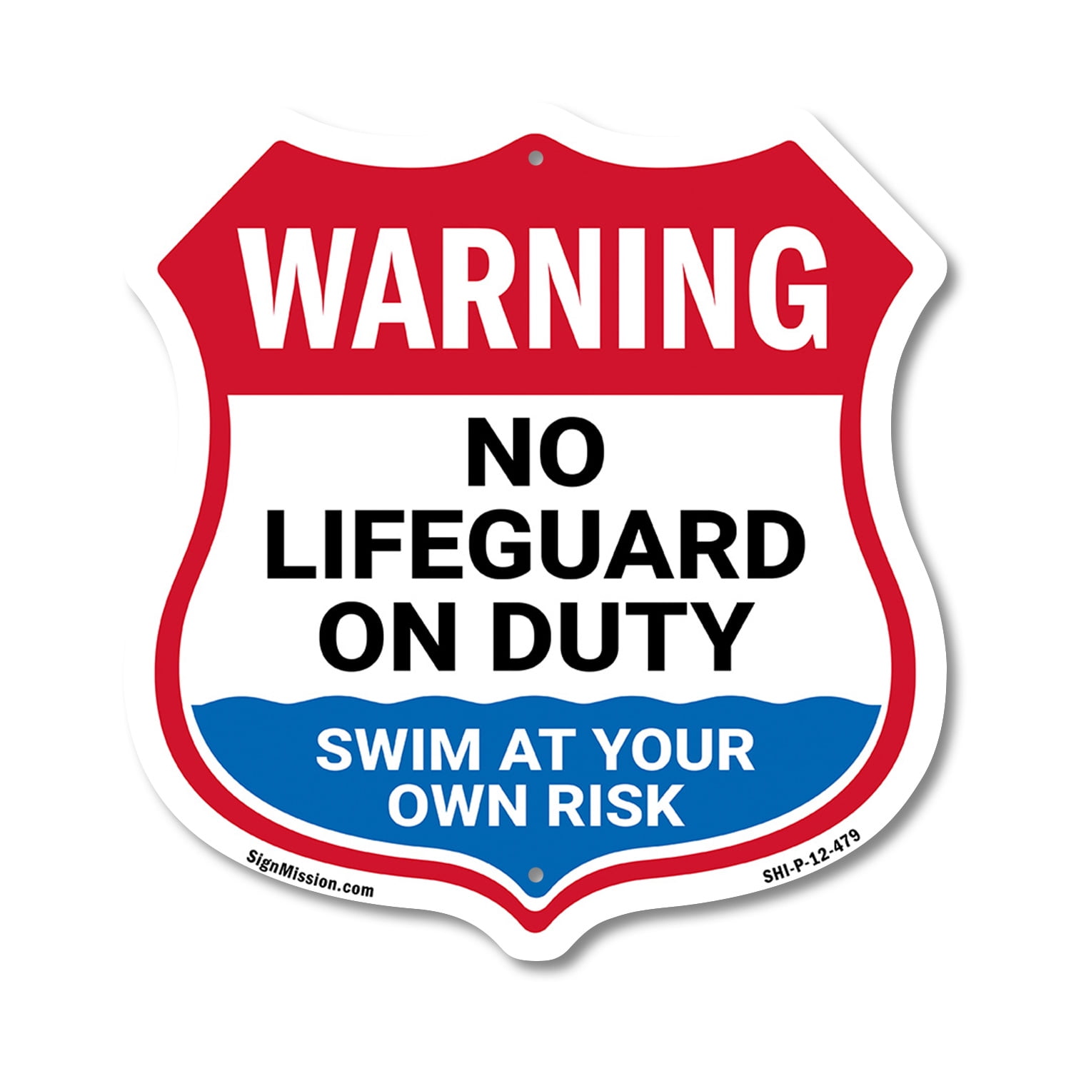 Warning No Lifeguard On Duty 12 inch X 12 inch Shield Shaped Commercial ...