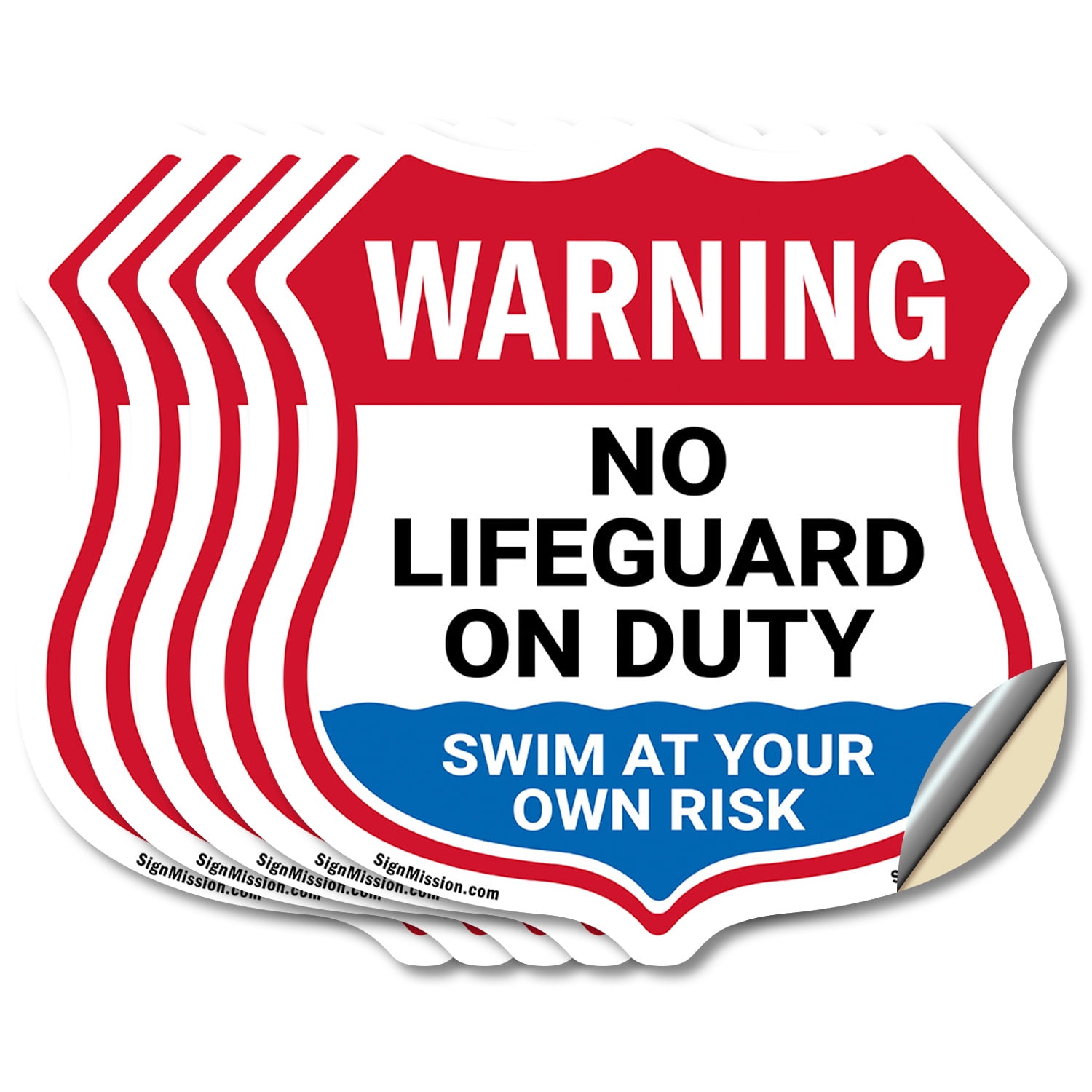Warning No Lifeguard On Duty (5 Pack) 4 inch X 4 inch Shield Shaped ...