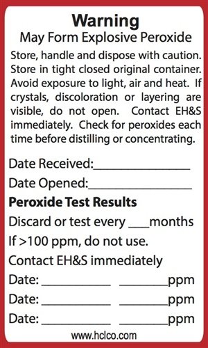 Warning - May Form Explosive Peroxide - 1.5" x 2.5" (Pack of 25 ...
