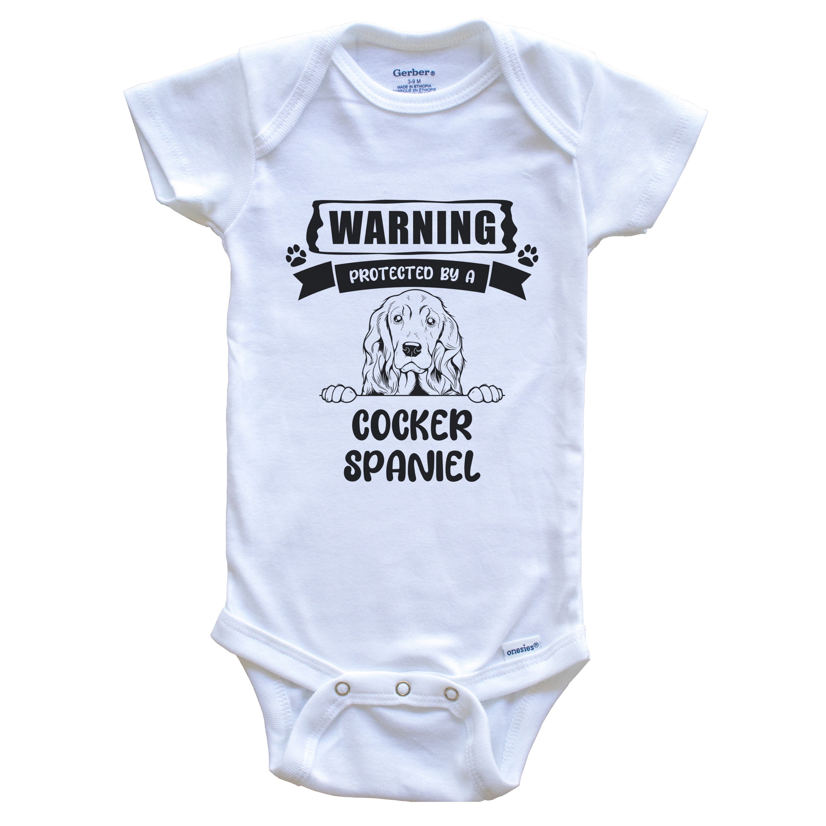 Warning Protected by a Cocker Spaniel Funny Cute Dog Breed Baby Bodysuit, 3-6 months white ...