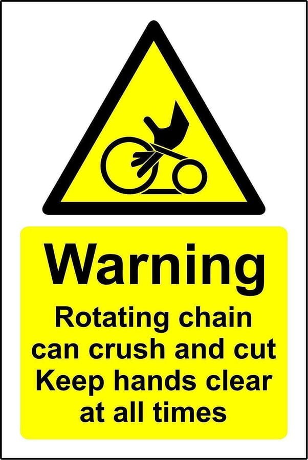 Warning Rotating chain can crush and cut keep hands clear metal park ...