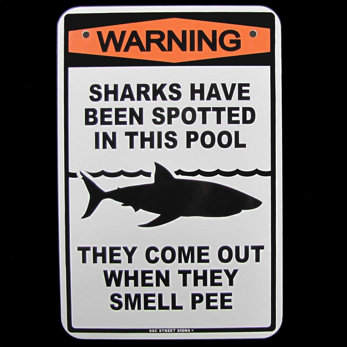 Warning Sharks Spotted Pee in Swimming Pool No Peeing Tin Sign Funny ...