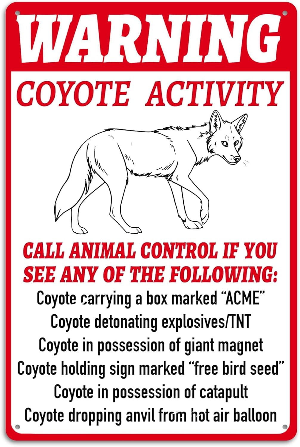 Warning Sign Coyote Activity Metal Signs Vintage Wall Art, Funny Retro ...