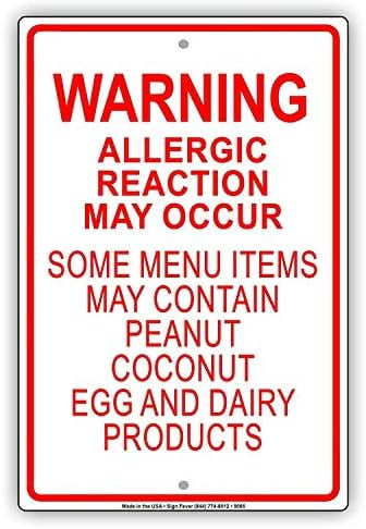 Warning Sign Warning Allergic Reaction Restaurant Food Items Peanut ...
