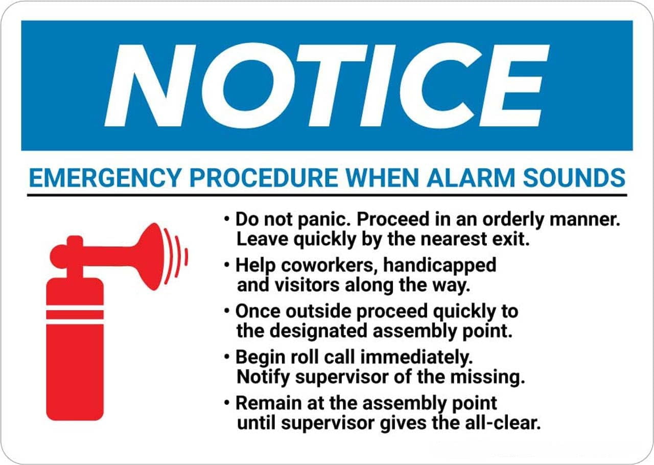 Warning Tin Sign Notice: Emergency Procedure When Alarm Sounds Vintage ...