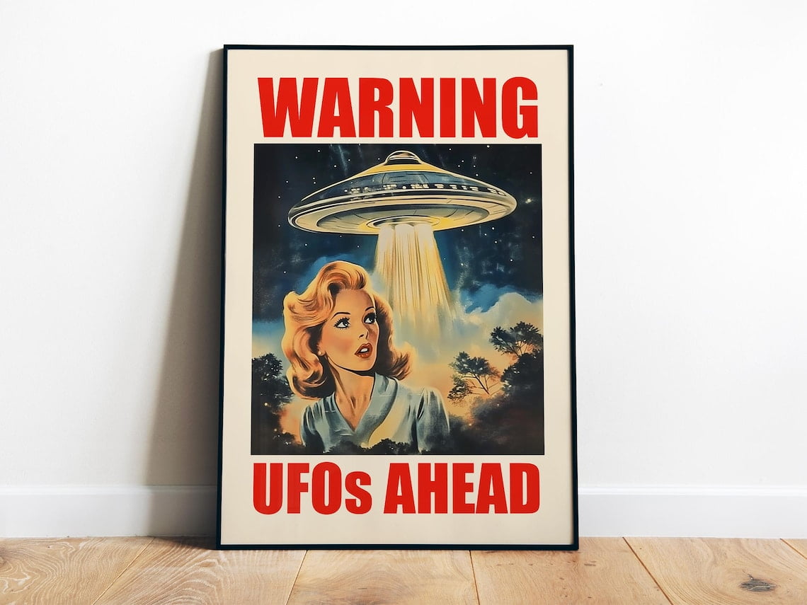 Warning Ufos Ahead Poster Alien Decor Funny Retro Print Ufo Alien ...