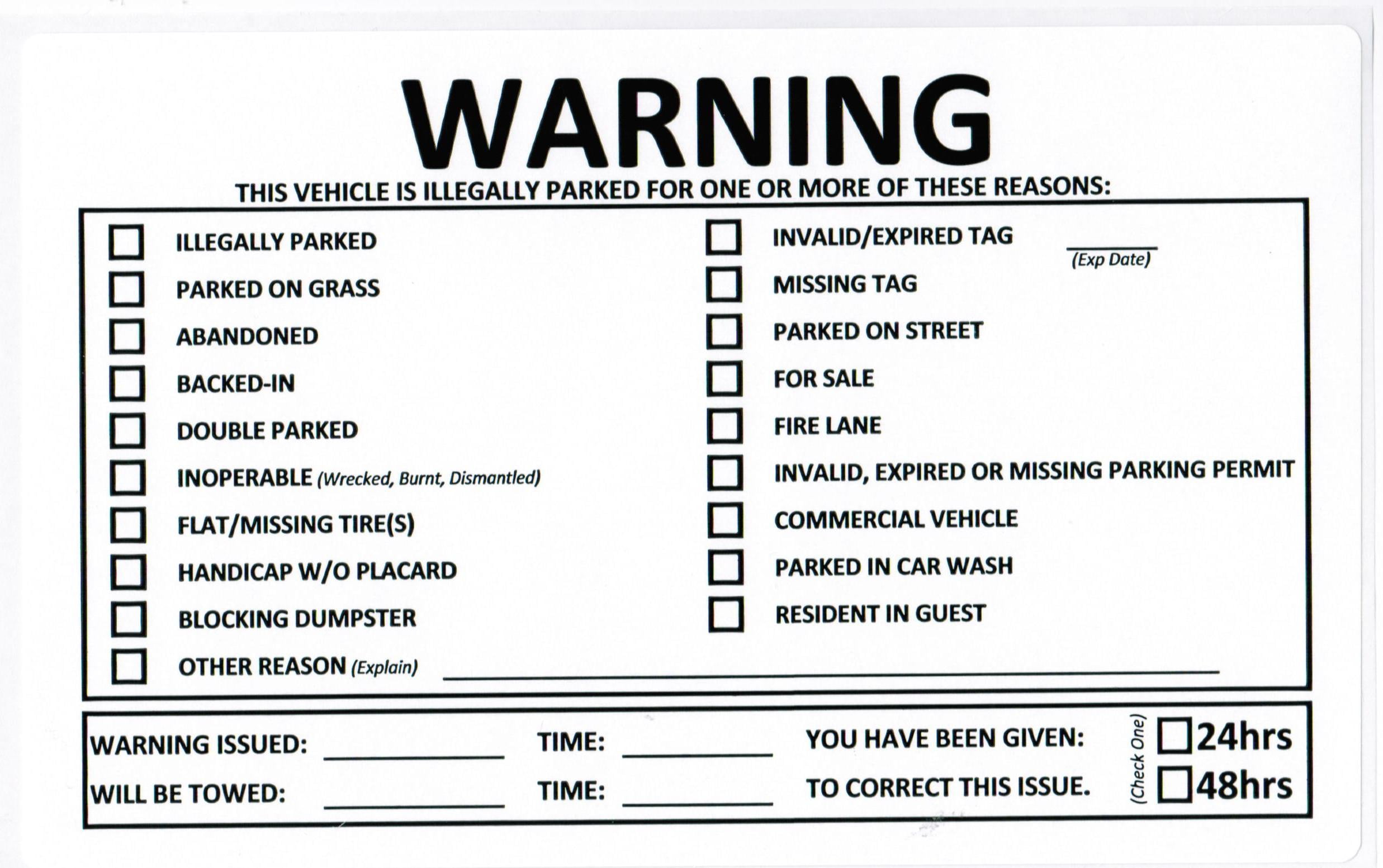 Warning..Vehicle Illegally Parked for Following Reasons:, 8" X 5 ...
