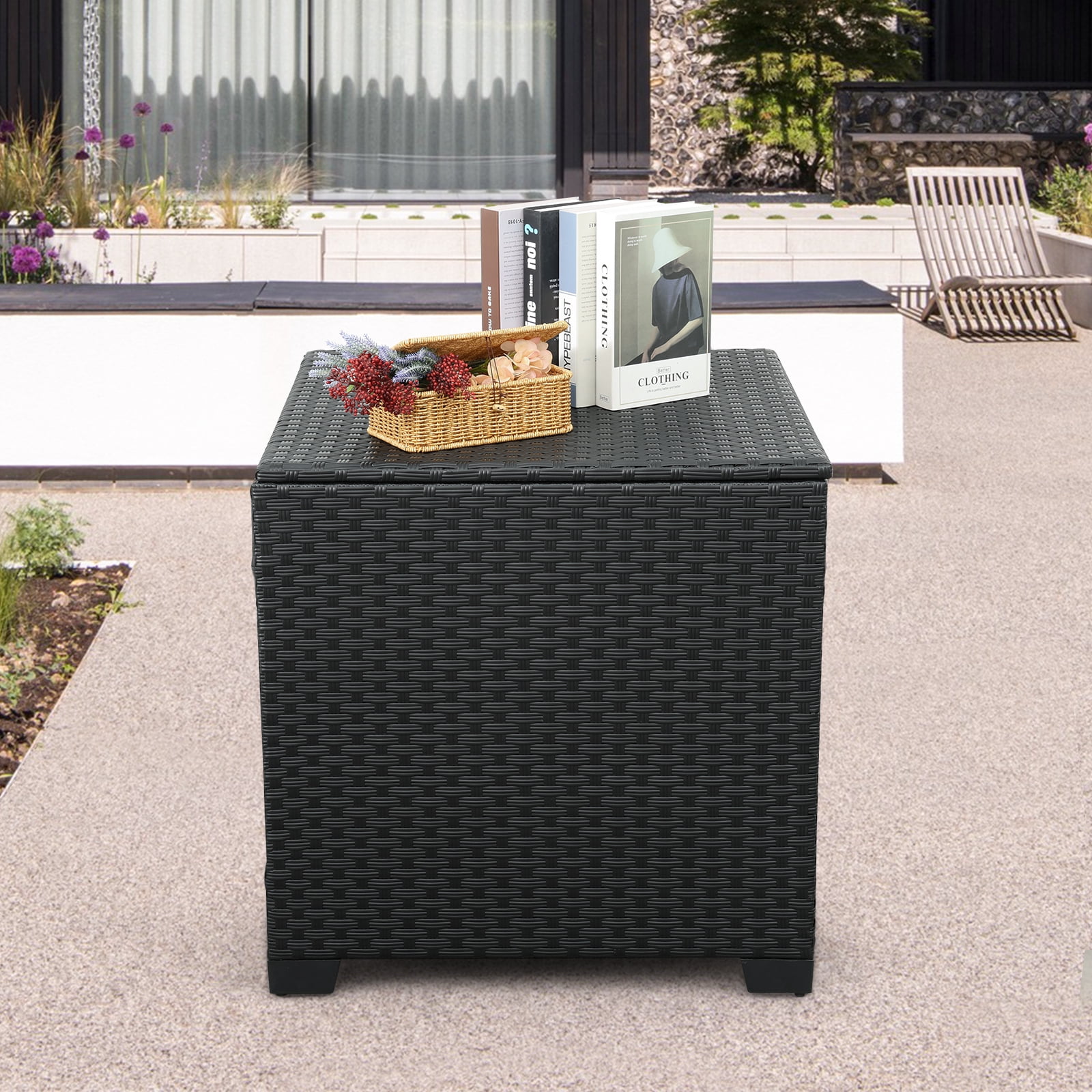 Waroom 100gal Outdoor Wicker Storage Deck Box Waterproof Deck Bin with Lid 29x29x29inch Black