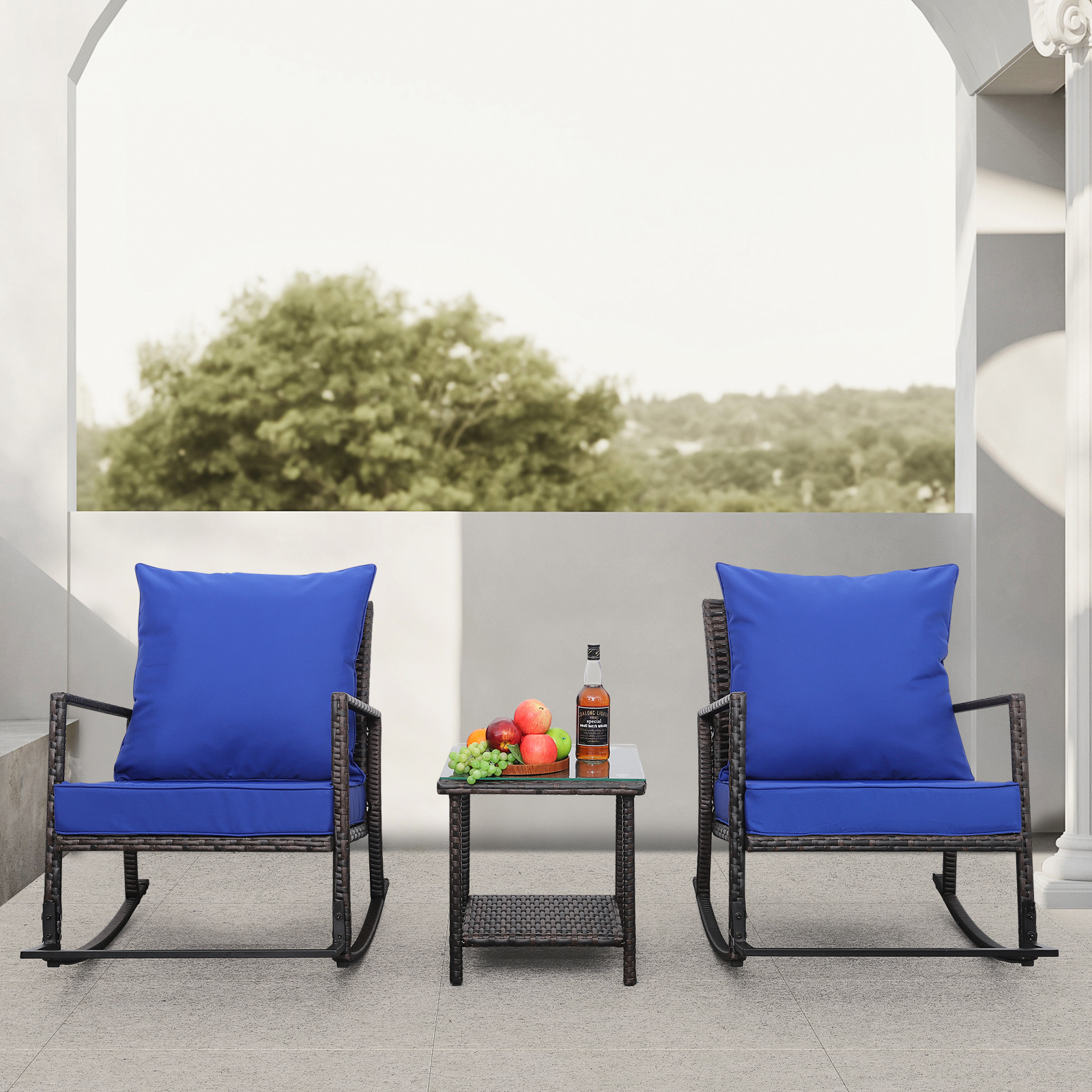 Jeco 3pc Rocker Wicker Chair Set With Blue Cushion-Finish:Black ...