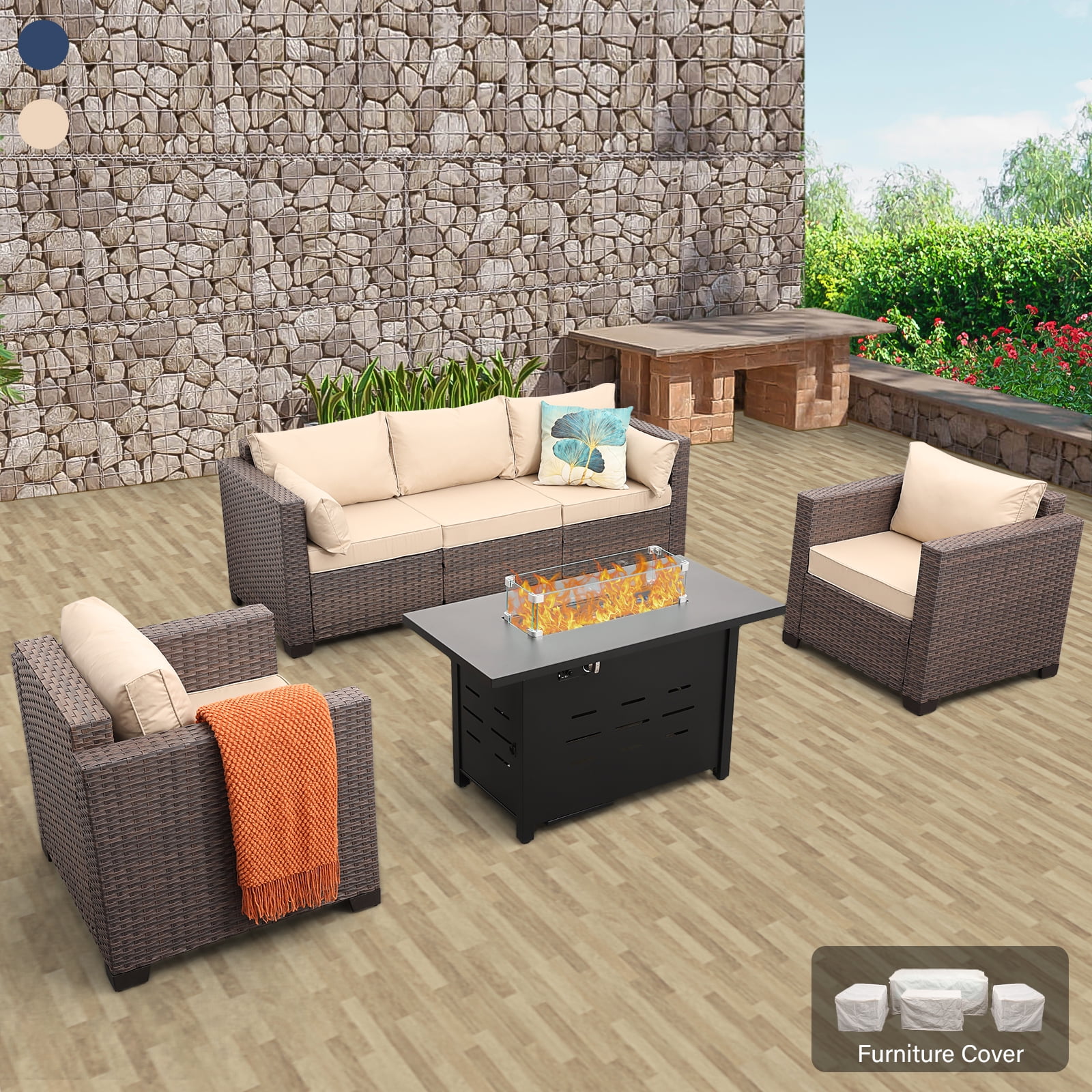 Waroom 4-Piece Outdoor Patio Furniture Set with Fire Pit Table, Brown Wicker Sofa Set, Khaki ...