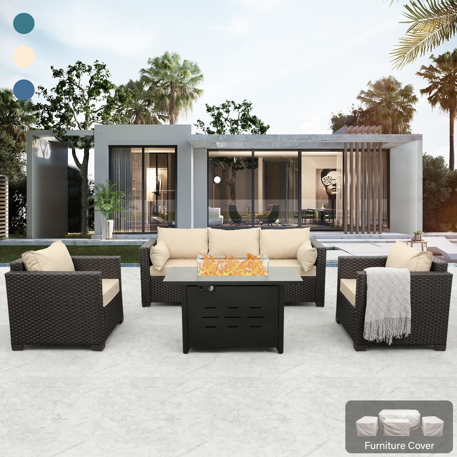 Waroom 4-Piece Outdoor Patio Furniture Set with Fire Pit Table, Brown ...