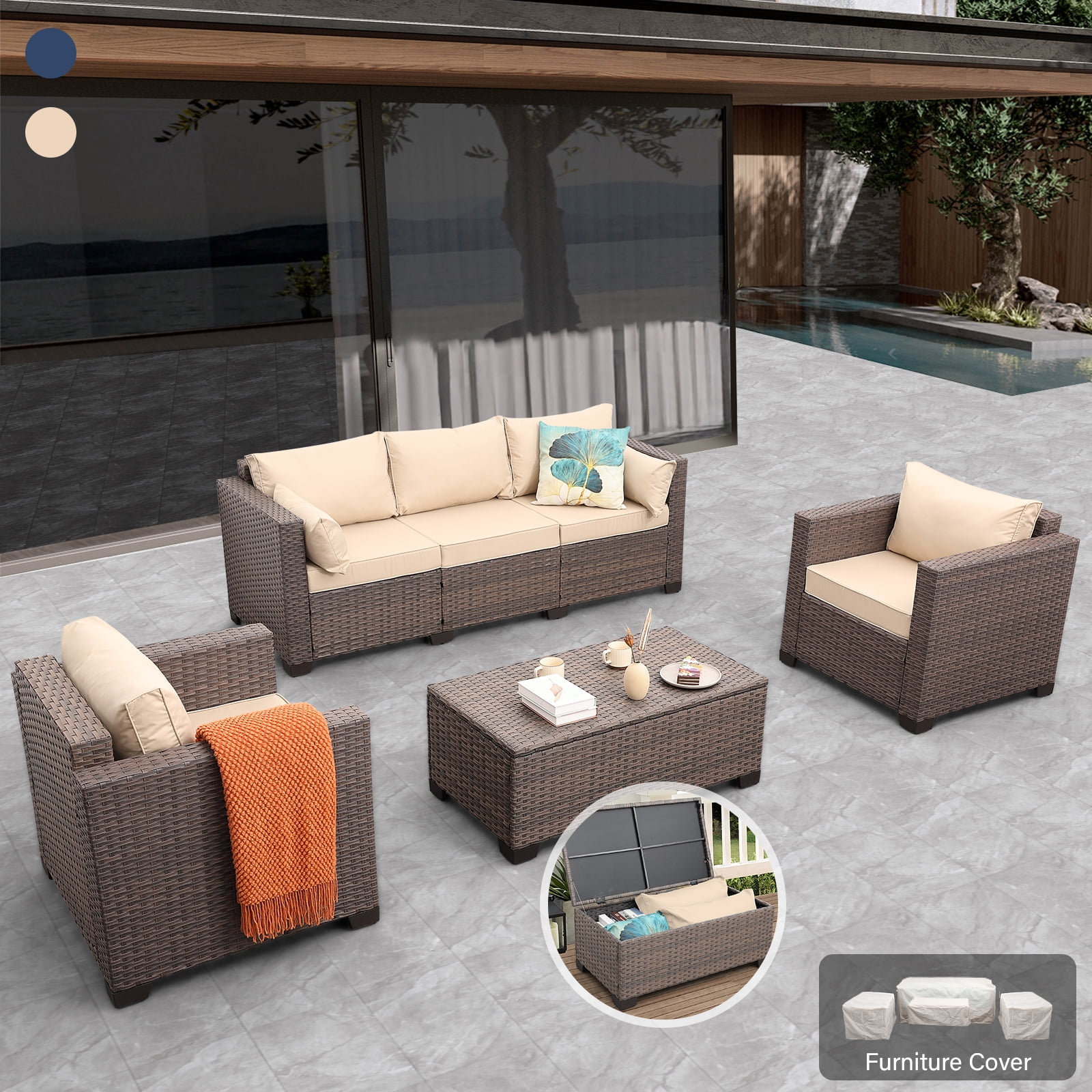 Waroom 4-Piece Outdoor Wicker Sofa Set with Storage Table, Brown & Khaki - Walmart.com