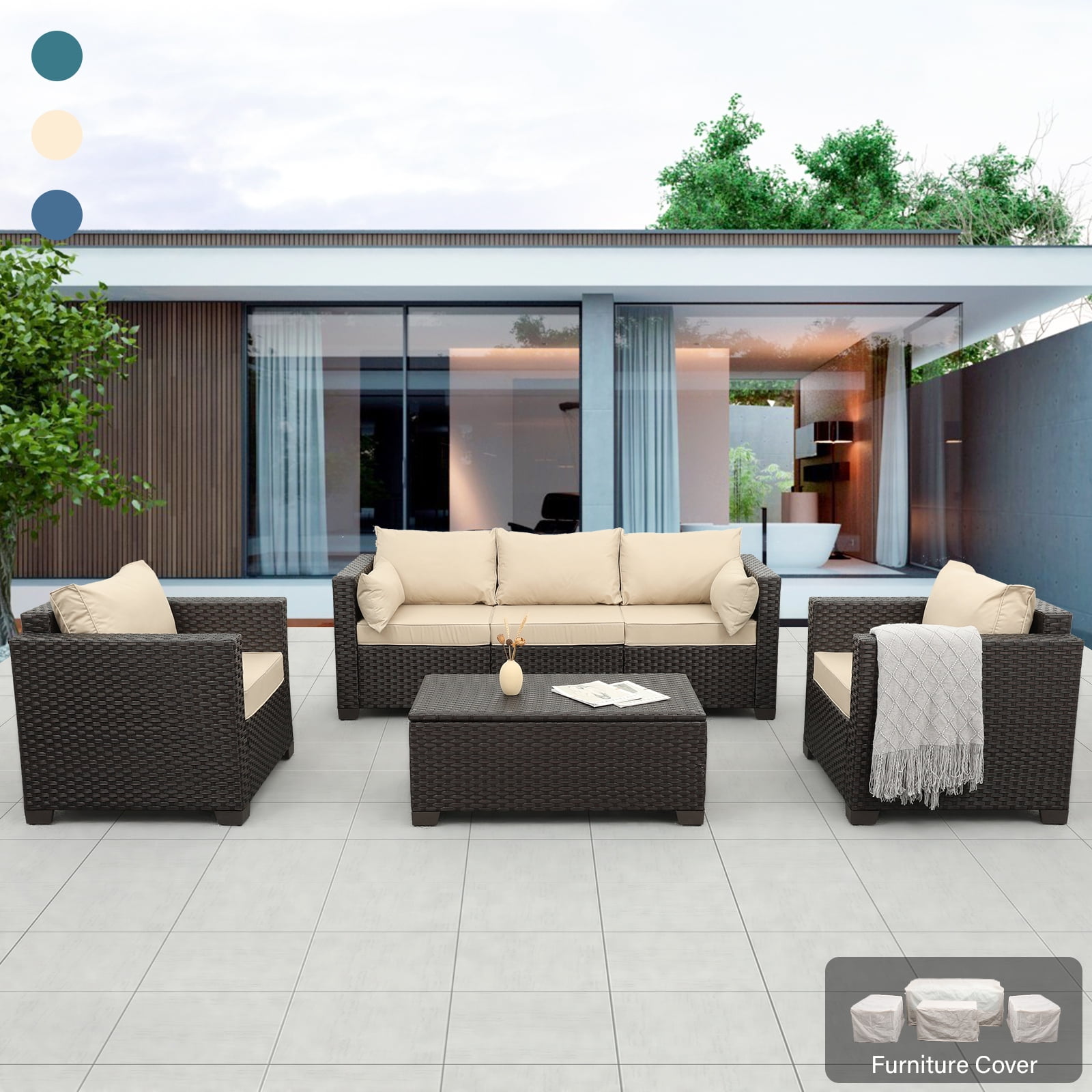 Waroom 4-Piece Outdoor Wicker Sofa Set with Storage Table, Brown ...