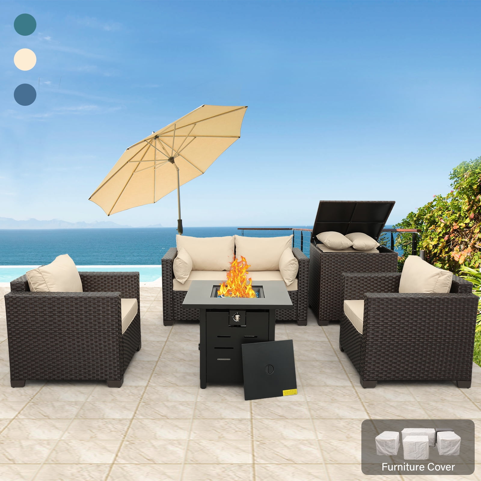 Waroom 5-Piece Outdoor Wicker Furniture Set Patio Chair Sofa Set with Storage Box and Fire Pit ...