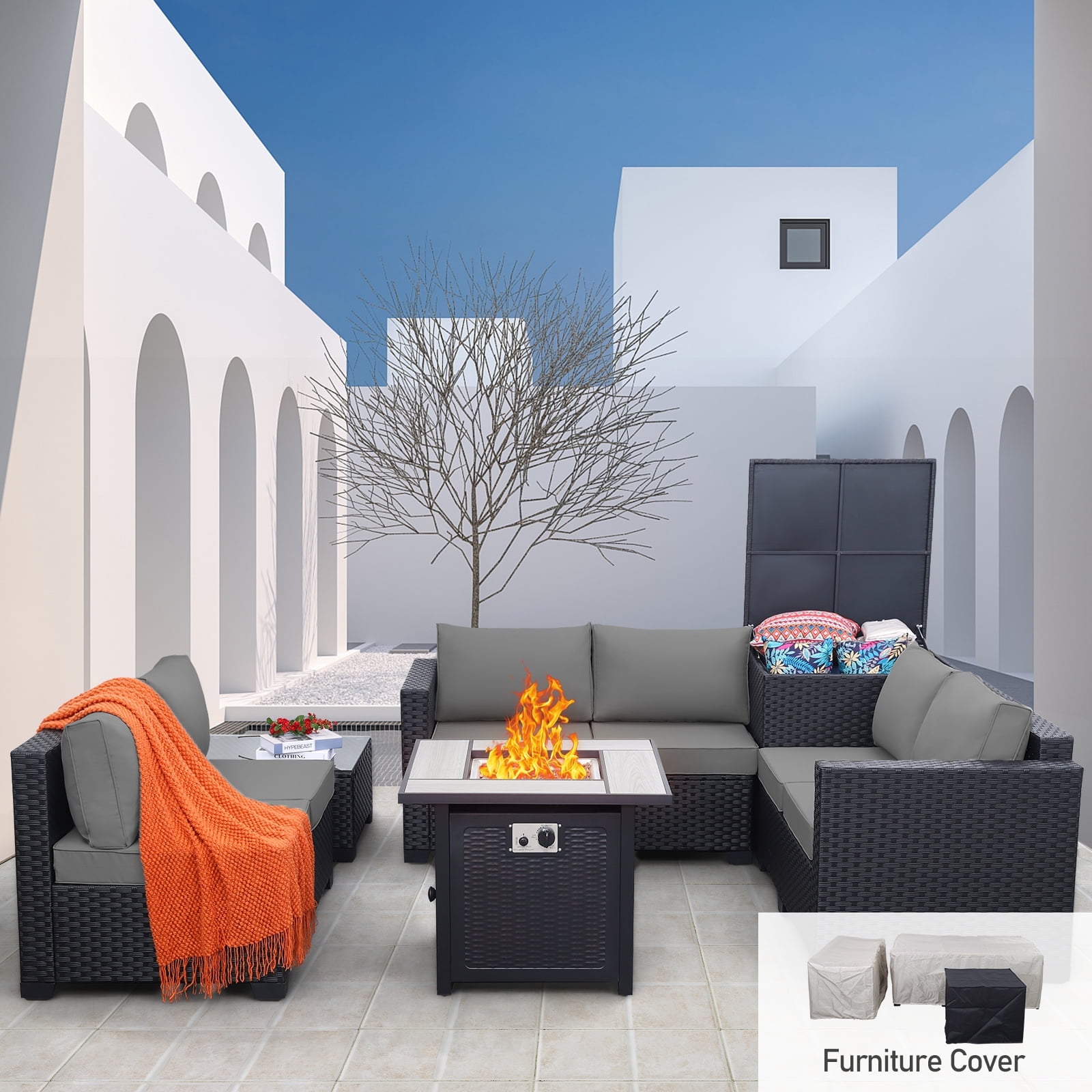 Waroom 5pcs Outdoor Furniture Set Couch Chairs with Fire Pit Table ...