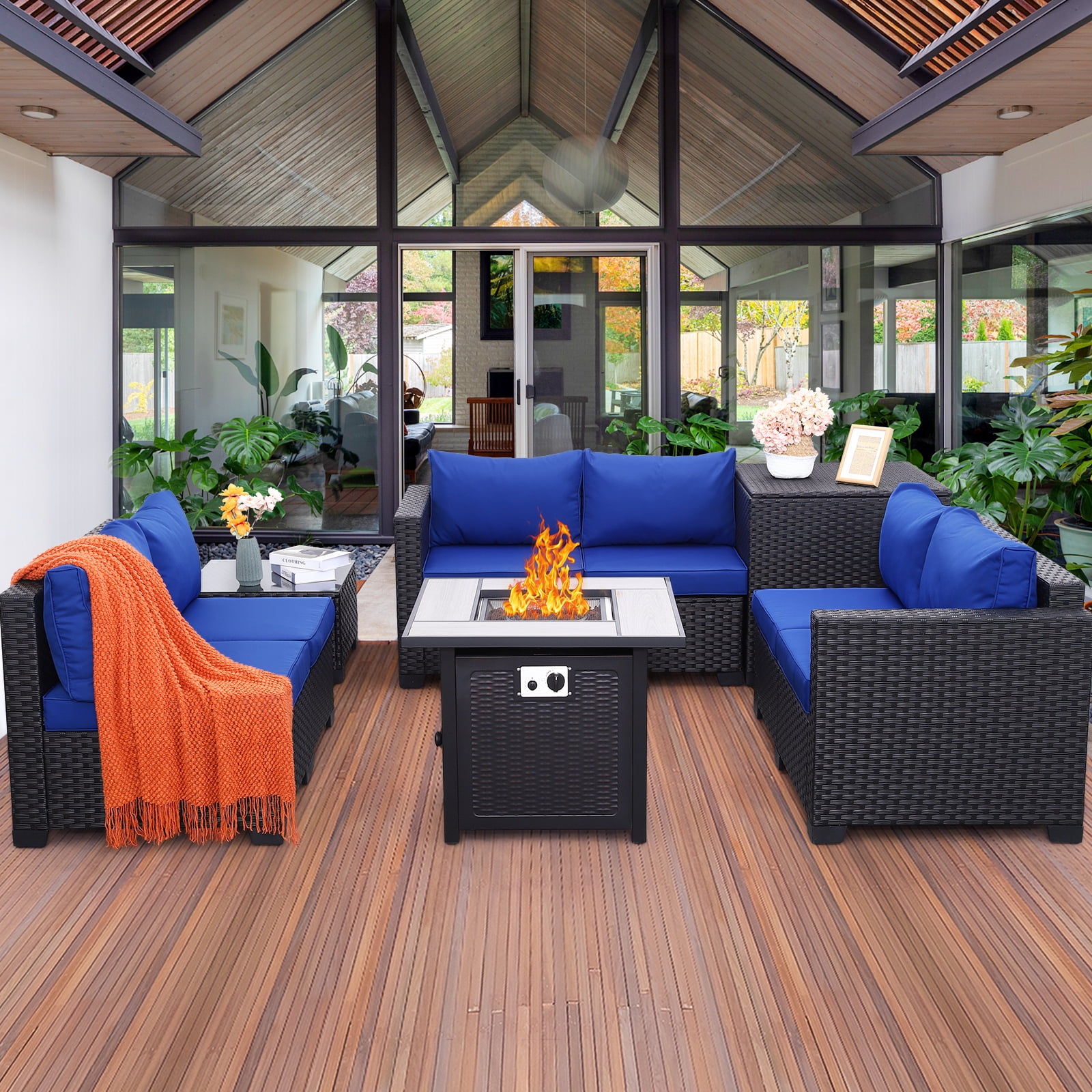 Waroom 5pcs Patio Set: Outdoor Sofa Chairs, Propane Gas Fire Pit ...
