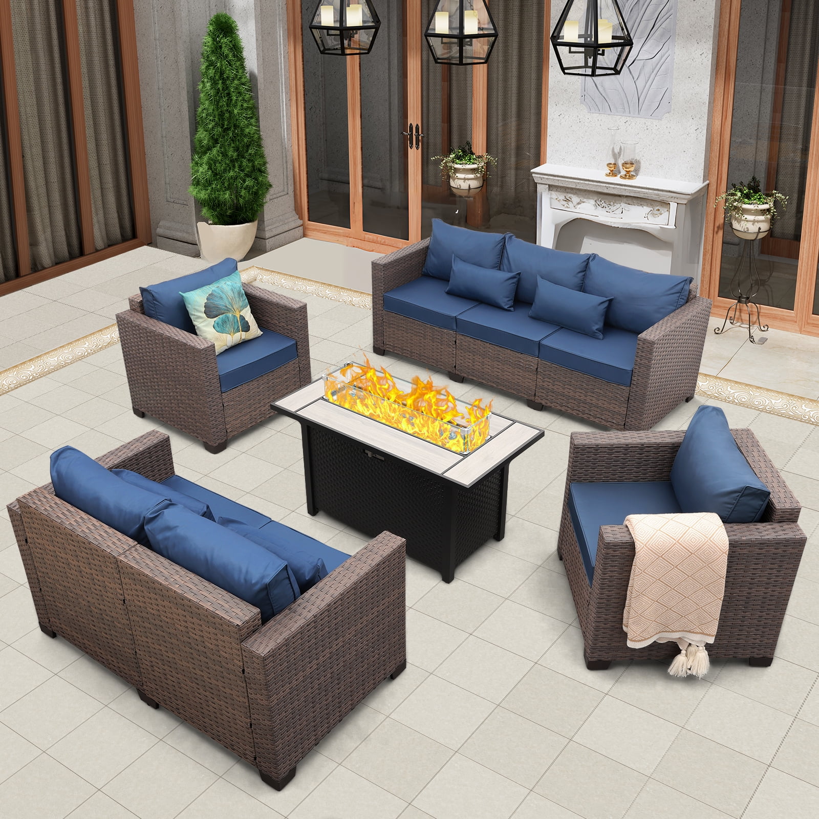 Waroom 5pc Patio Furniture Set with Fire Pit, PE Wicker Outdoor Sofa Chairs for Porch, Navy Blue ...