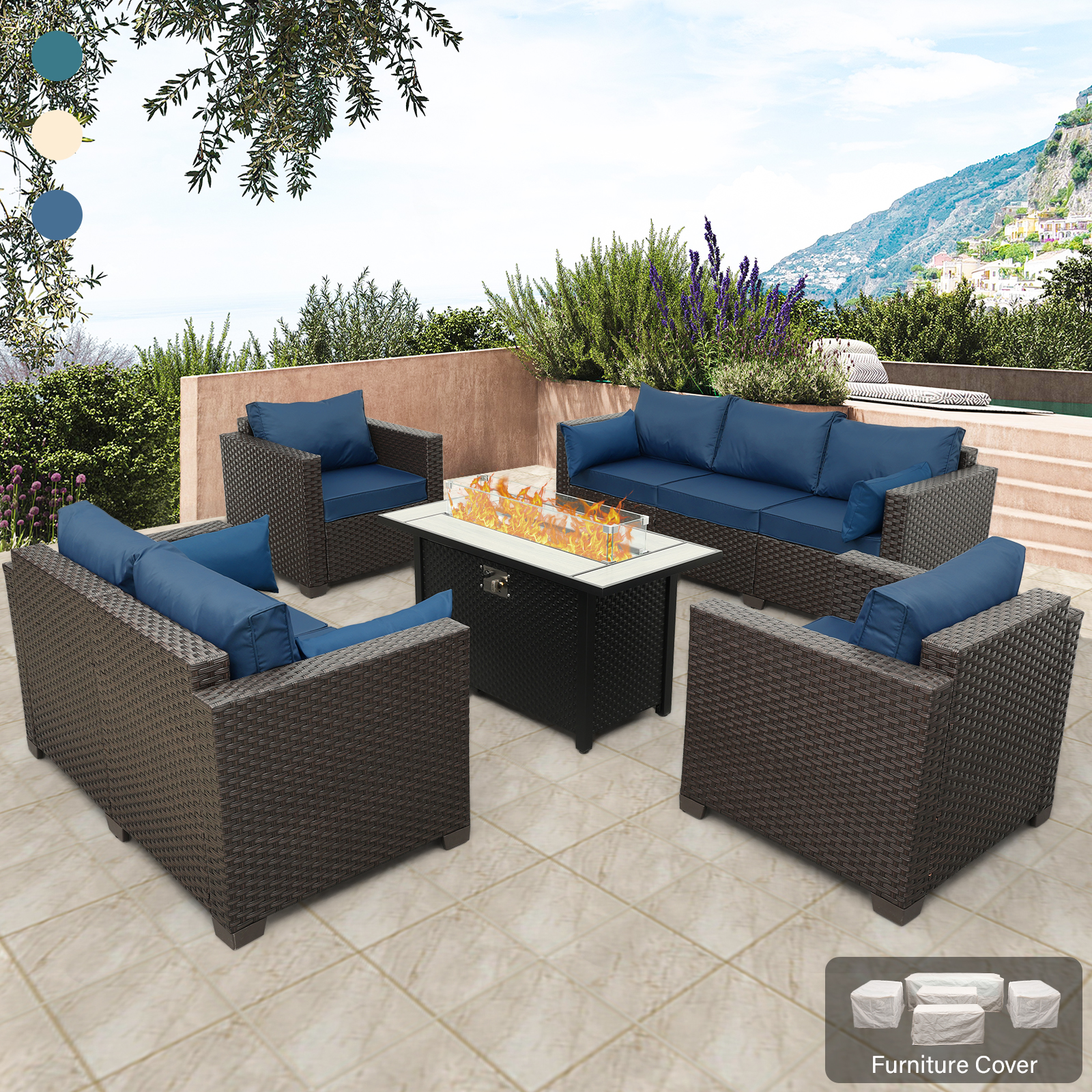 Waroom 5pc Patio Furniture Set with Fire Pit, PE Wicker Outdoor Sofa ...