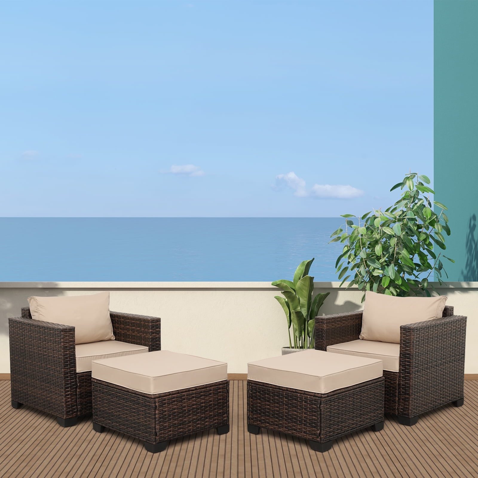 Waroom 4 Piece Balcony Furniture Set, HDPE Wicker Outdoor Patio Chair ...