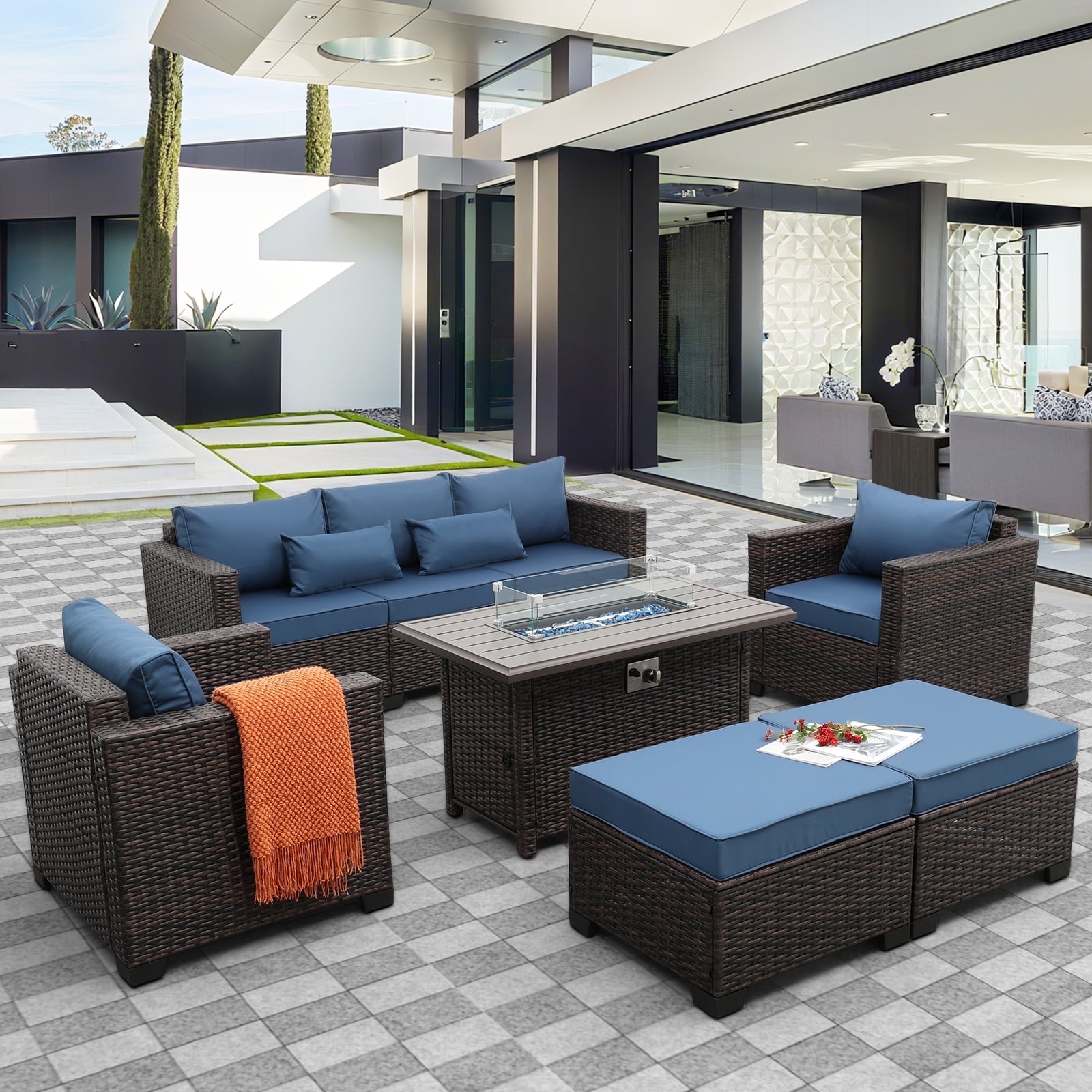 Waroom Outdoor Conversation Set 6-Piece Patio Furniture Sofa Set with Fire Pit Table and ...