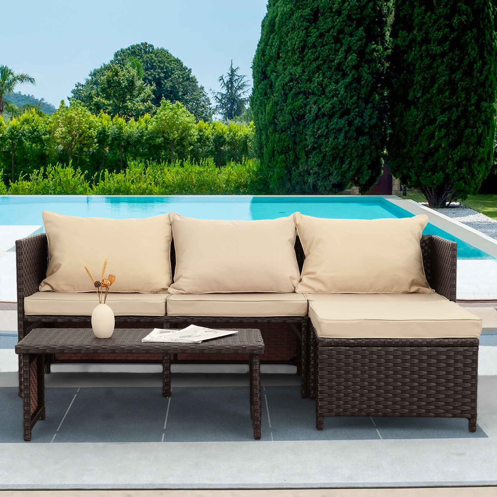 Waroom Outdoor Furniture Set 3 Pieces Patio Wicker Conversation Chairs and Coffee Table, Khaki ...