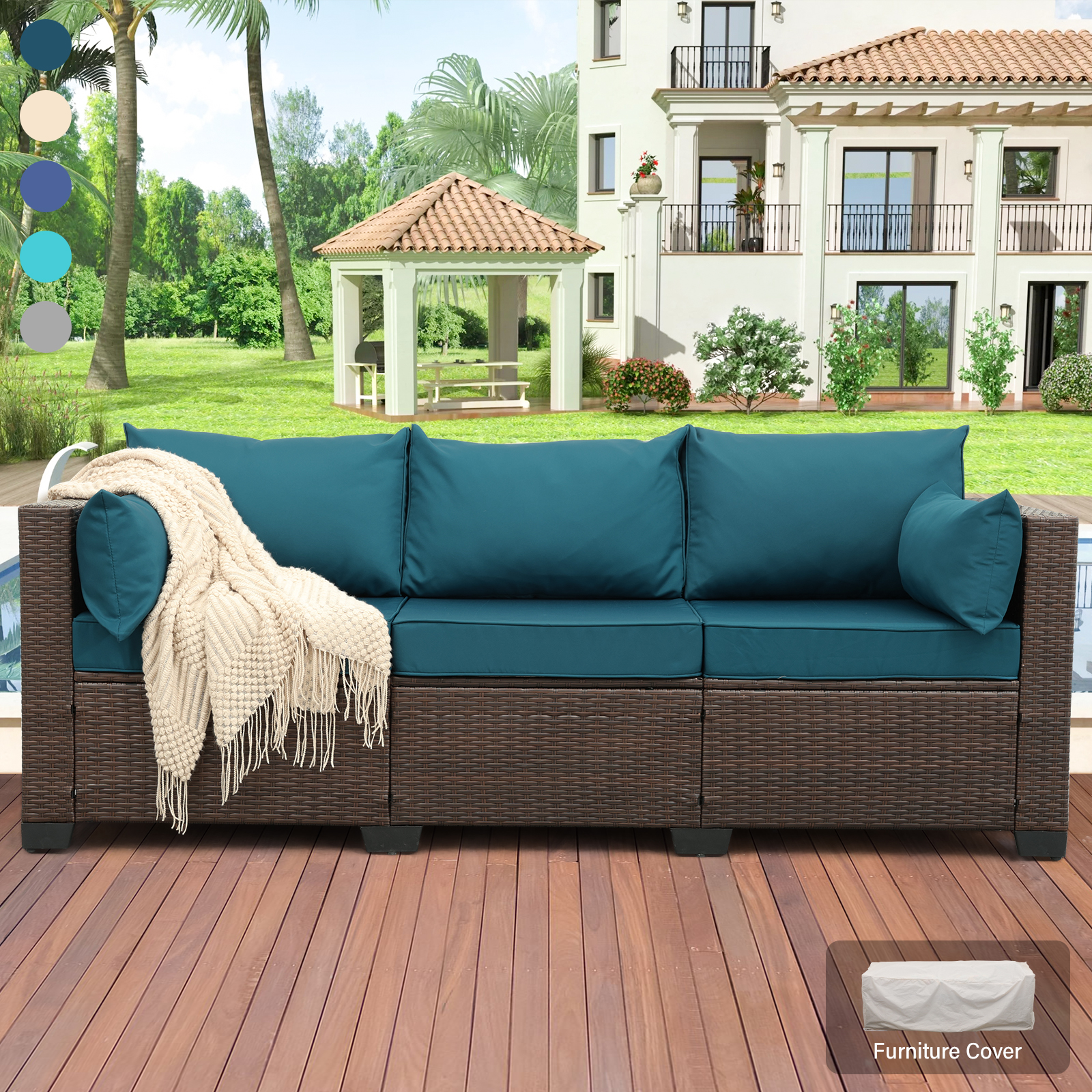 Waroom Patio 3-Seat Wicker Couch Outdoor Rattan Sofa Furniture, Peacock ...