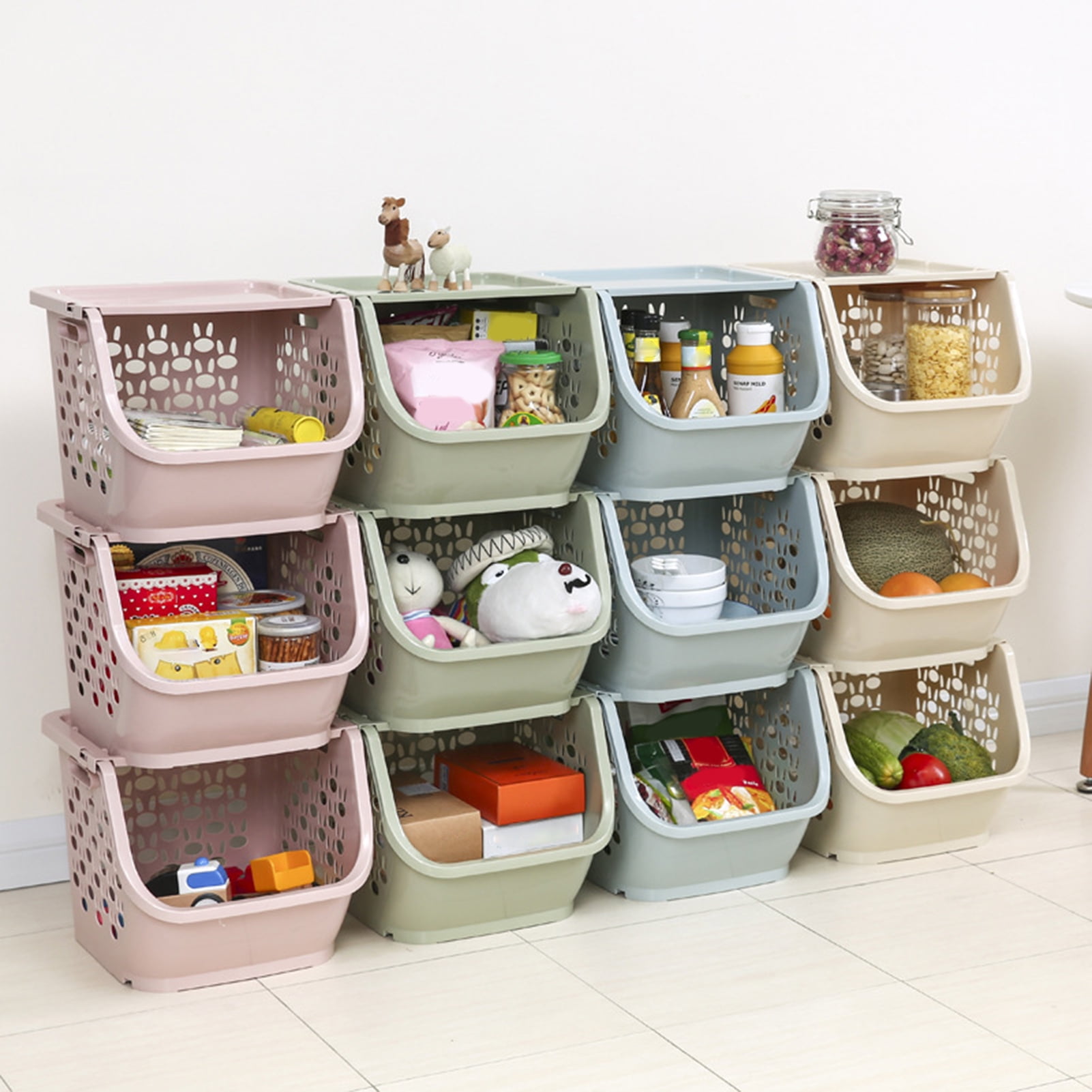 Waroomhosue 1 Set Storage Basket Stackable Space-saving Carry Handle ...