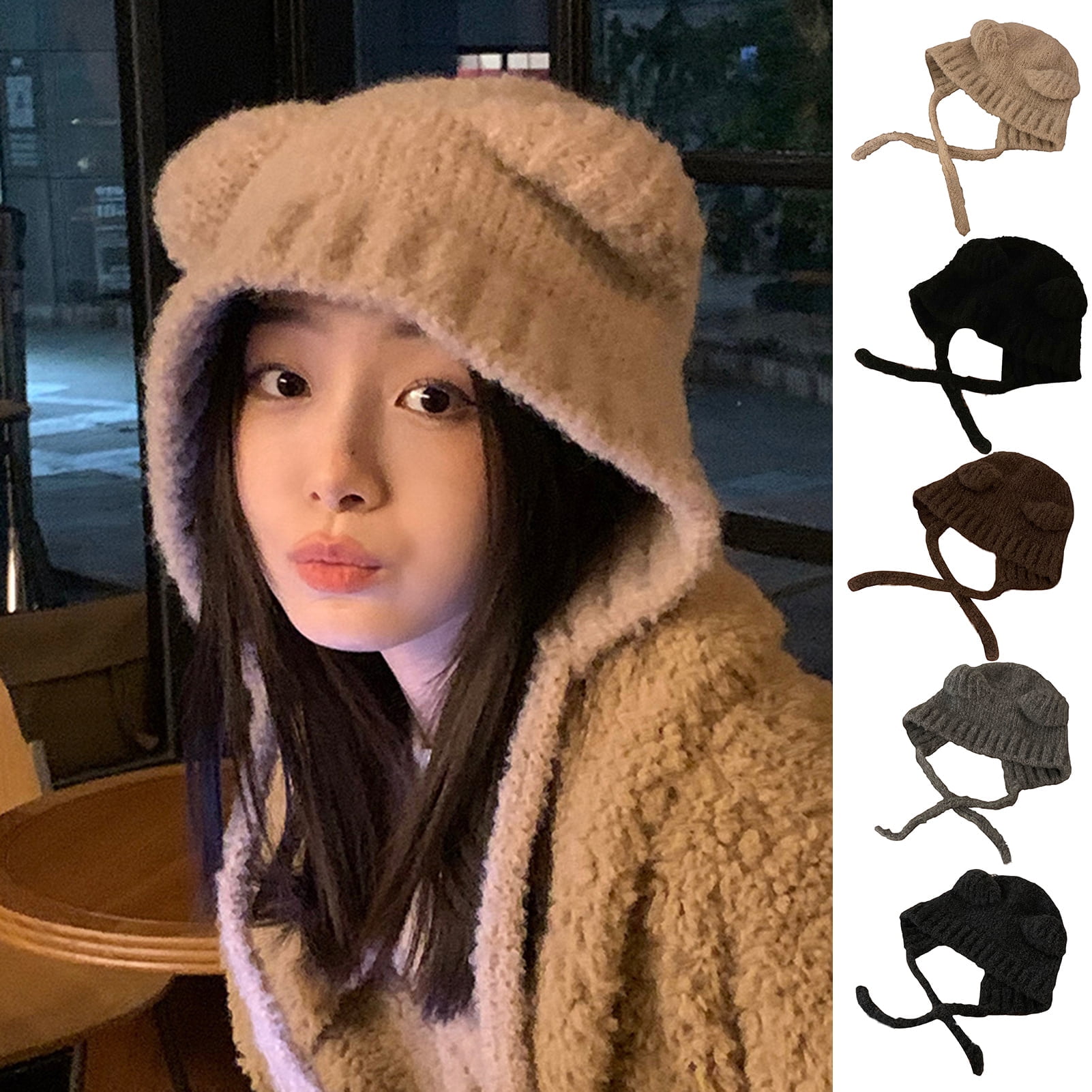 Waroomhouse Ear Protection Lace-up Winter Hat Women Solid Color Bear ...