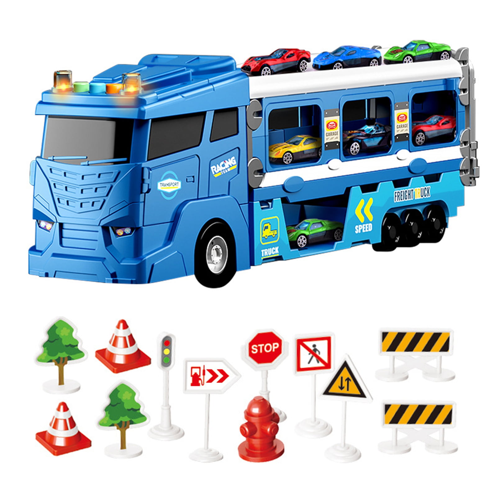 Waroomhouse Foldable Track Truck Toy Kids Truck Toy Set with Sound Light Guideposts Double ...