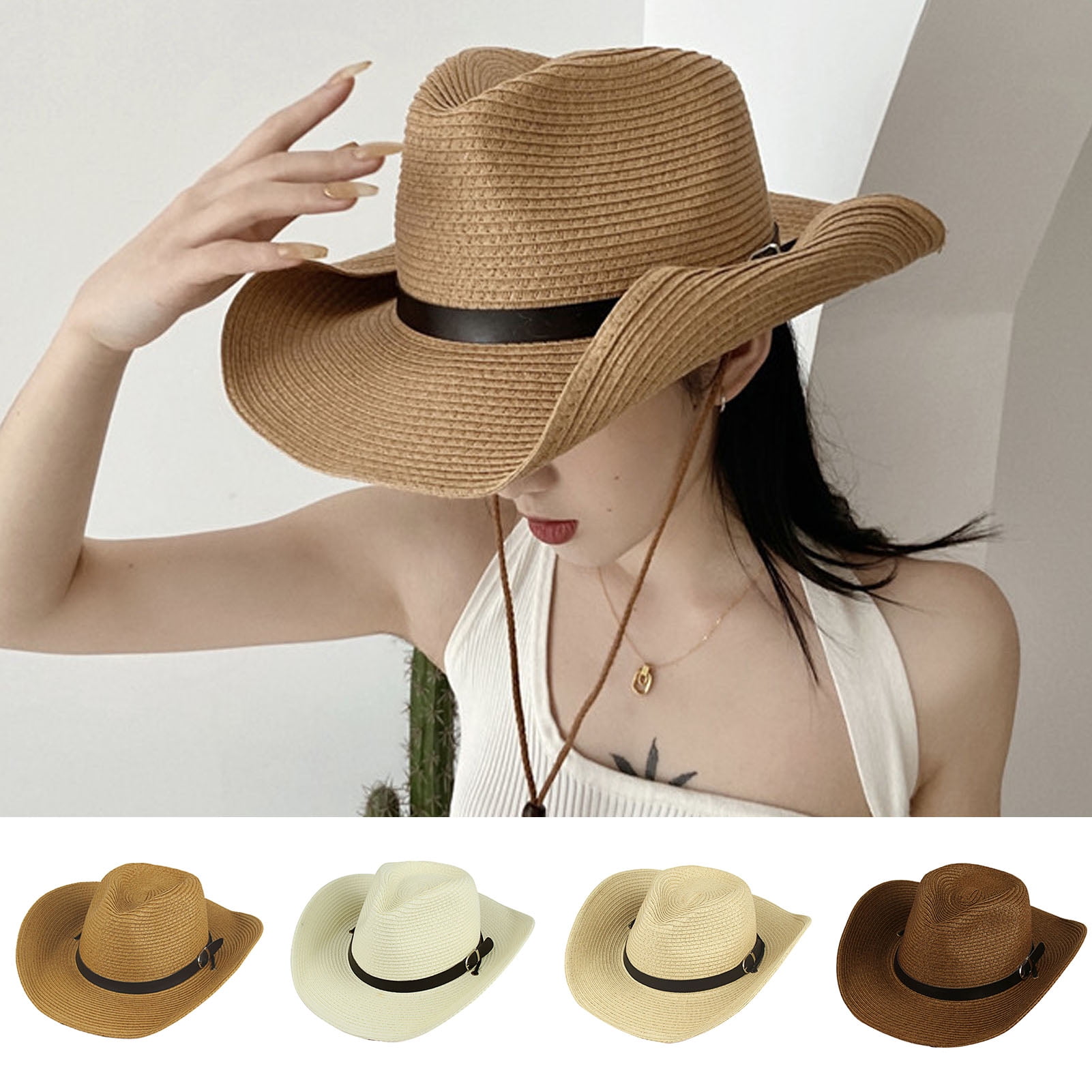 Waroomhouse Hemming Wide Brim Faux Leather Belt Decor Straw Hat Western Cowgirl Jazz Sun Hat ...