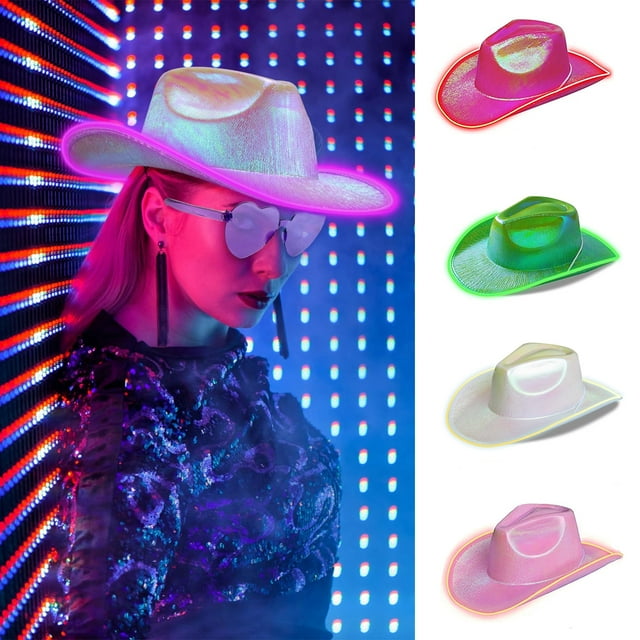Waroomhouse Holographic Rave Hat Cowgirl Men's Cowboy Hats Costume Cap with Wide Brim LED Lights ...
