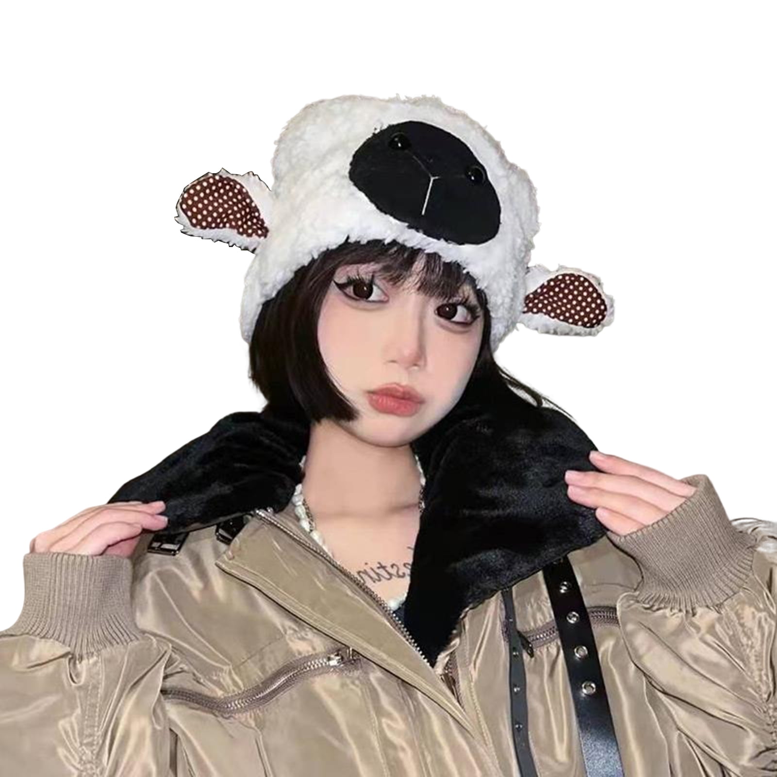 Waroomhouse Lady Winter Hat Cartoon Lamb Head Shape Thick Fleece Ear ...