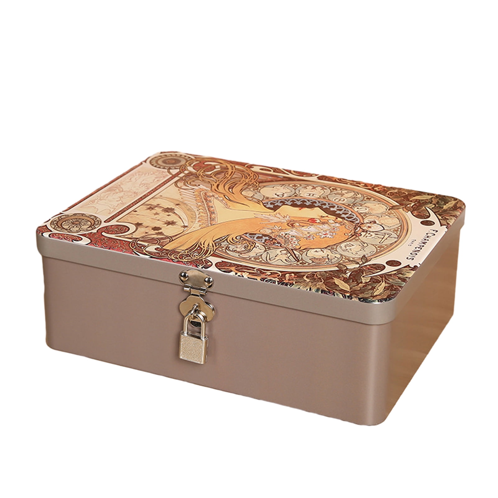 Waroomhouse Retro Pattern Tin Container 1 Set Tin Box with Lock Key ...