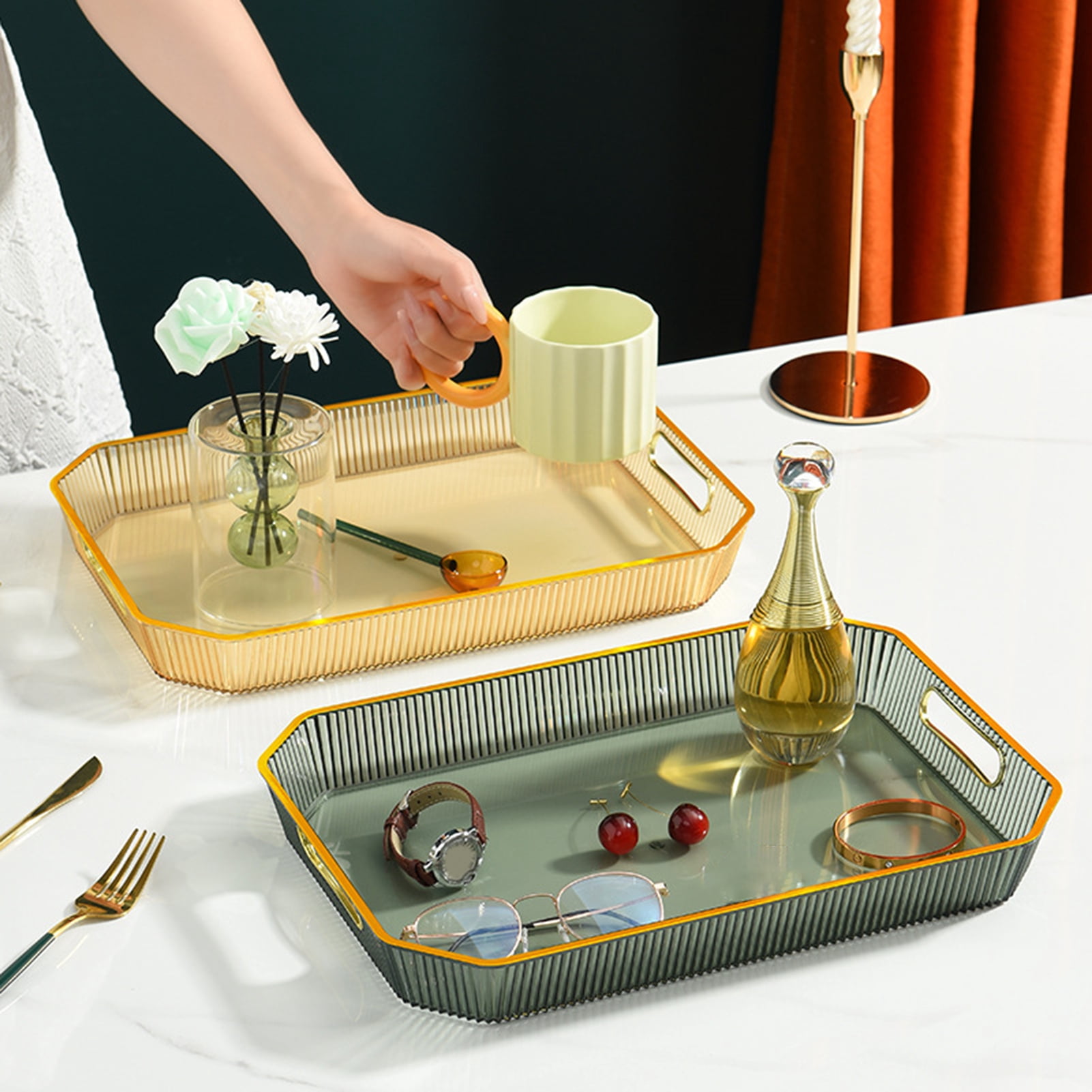 Waroomhouse Tray with Hollow Handle Thicken Stackable Light Luxury ...