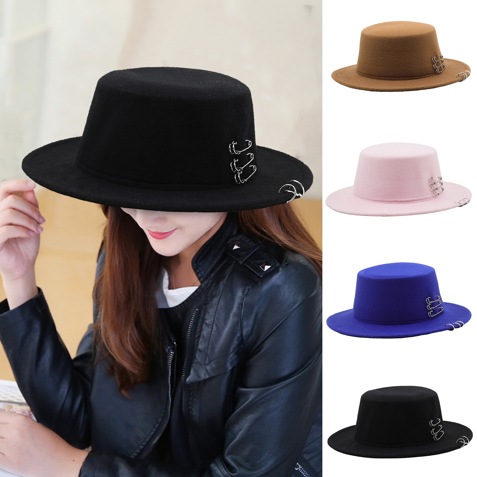 Waroomhouse Women Men Fedora Hat Retro Flat Top Pin Decorated Solid ...