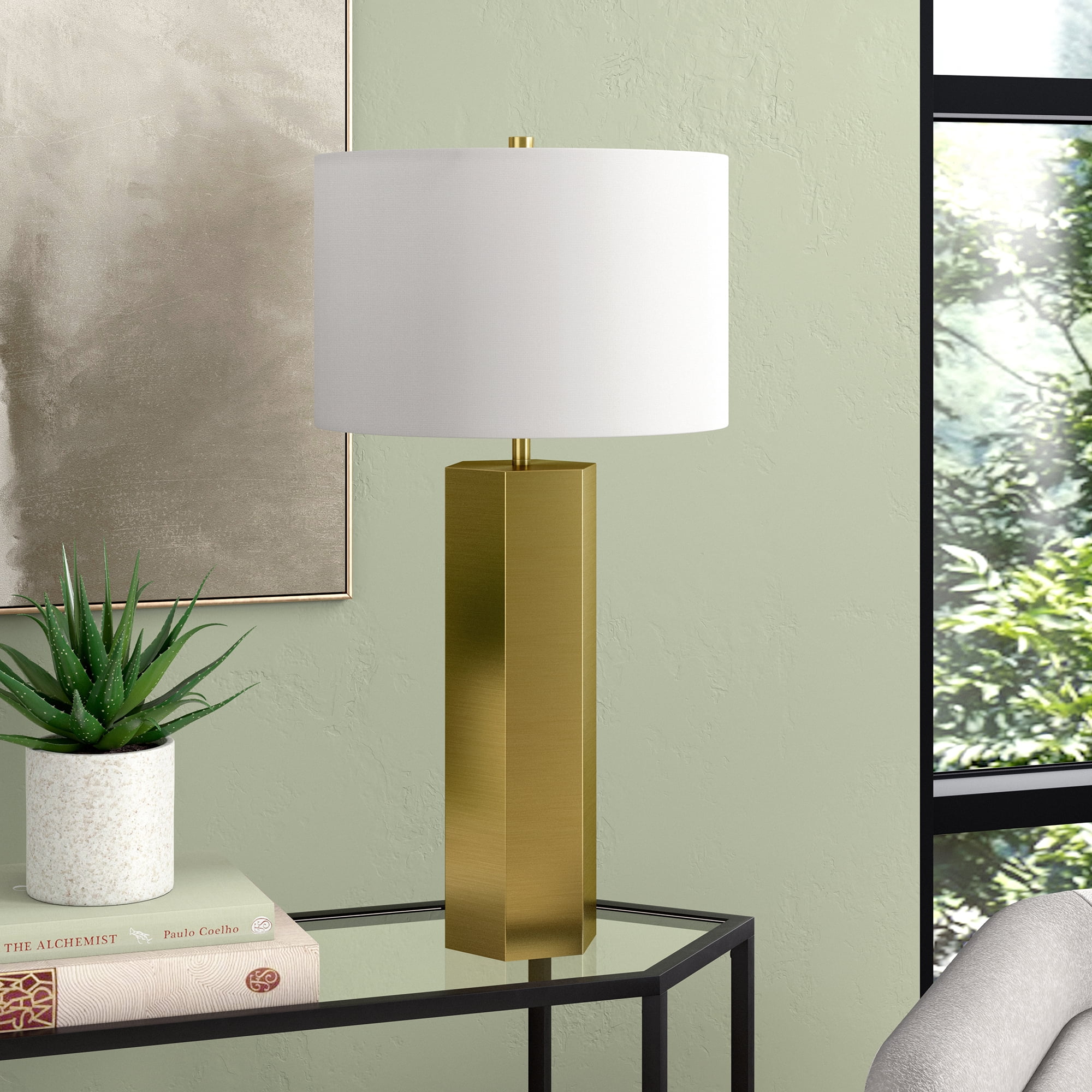Warren 27.25" Tall Table Lamp with Fabric Shade in Brass/White ...