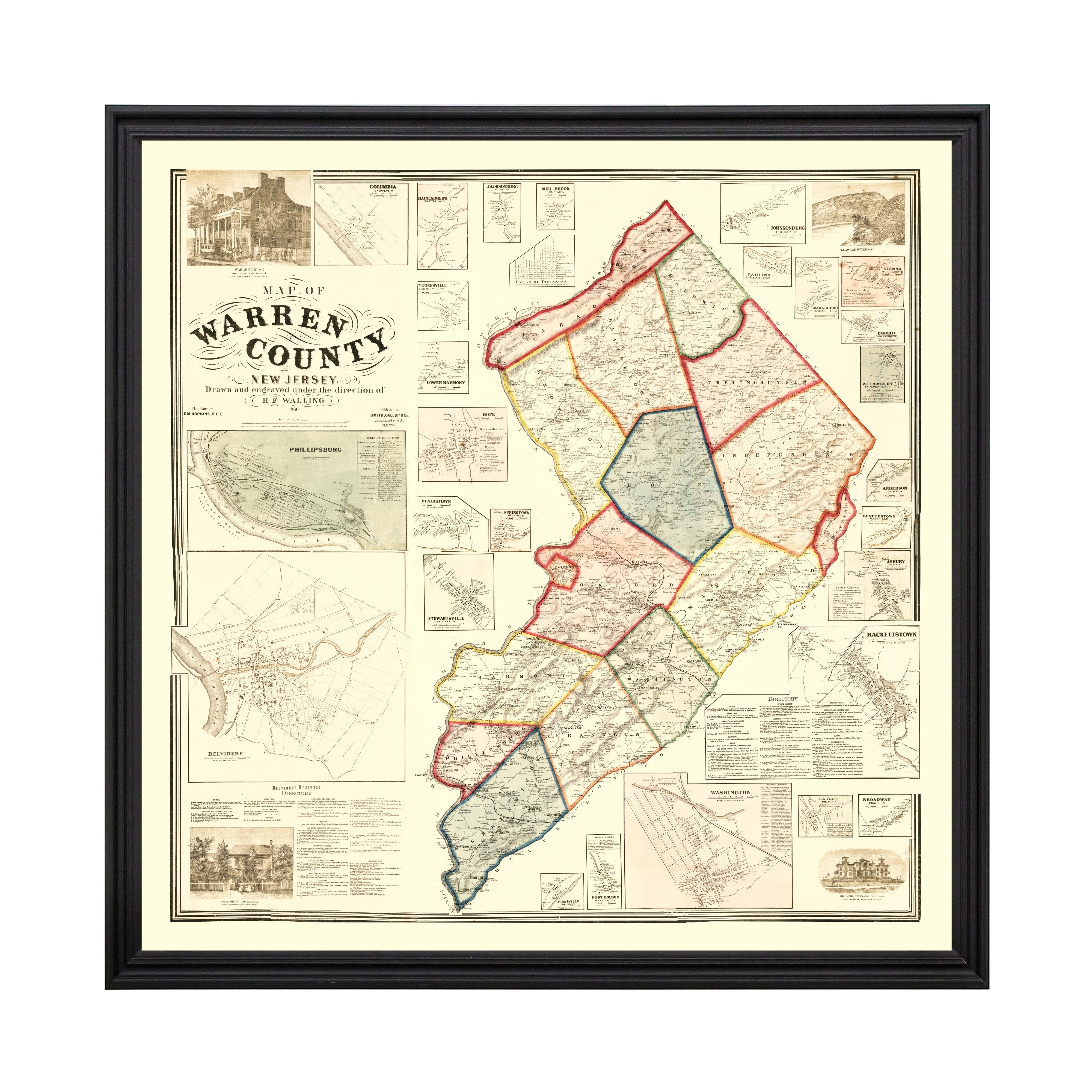 Warren County New Jersey Art, 1860 Vintage Map of Warren County NJ ...
