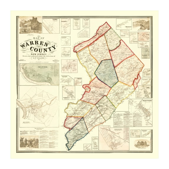 Warren County New Jersey Art, 1860 Vintage Map of Warren County NJ ...