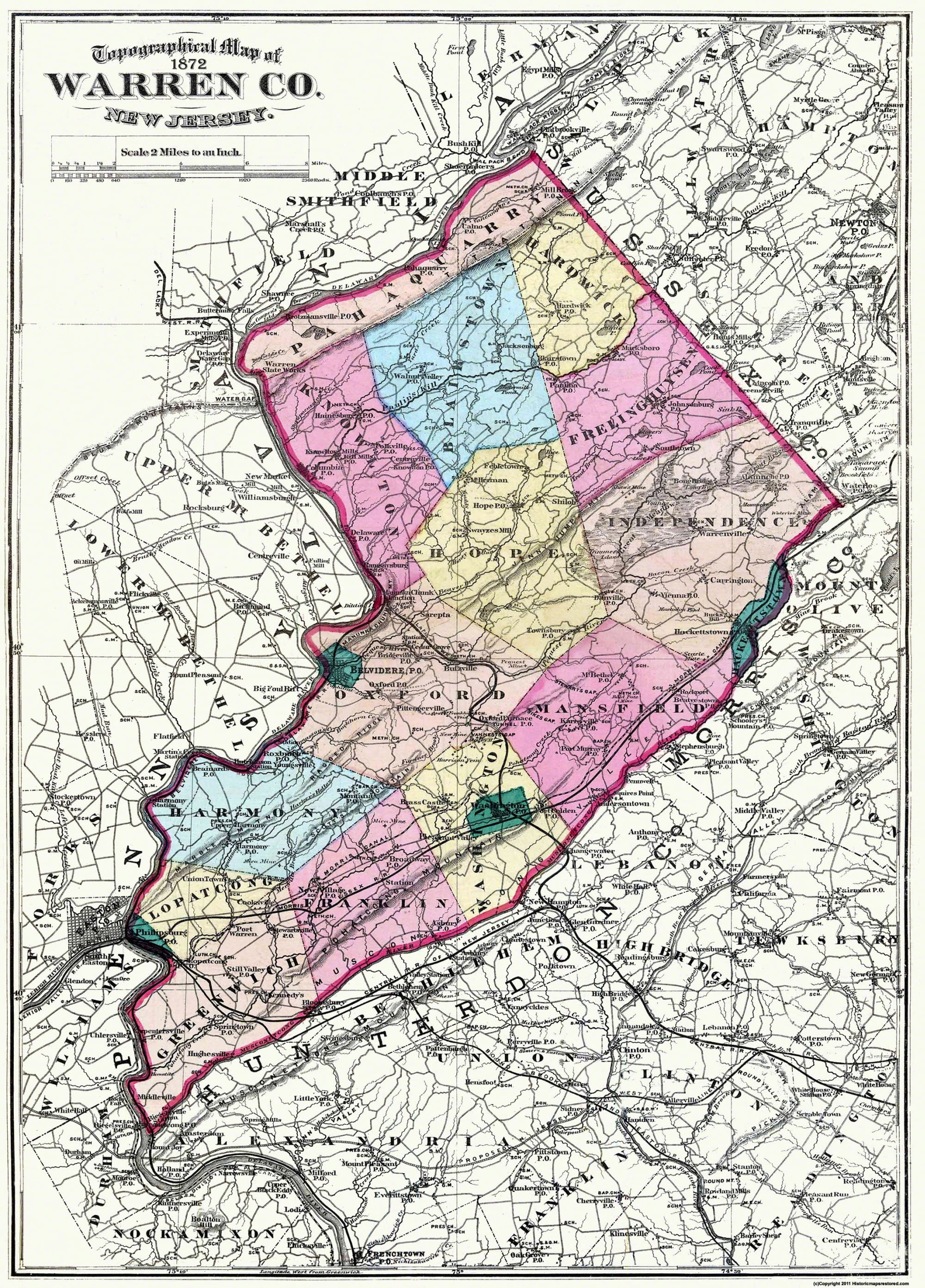 Historic County Map - Warren County New Jersey - Beers 1872 - 23 x 32 ...