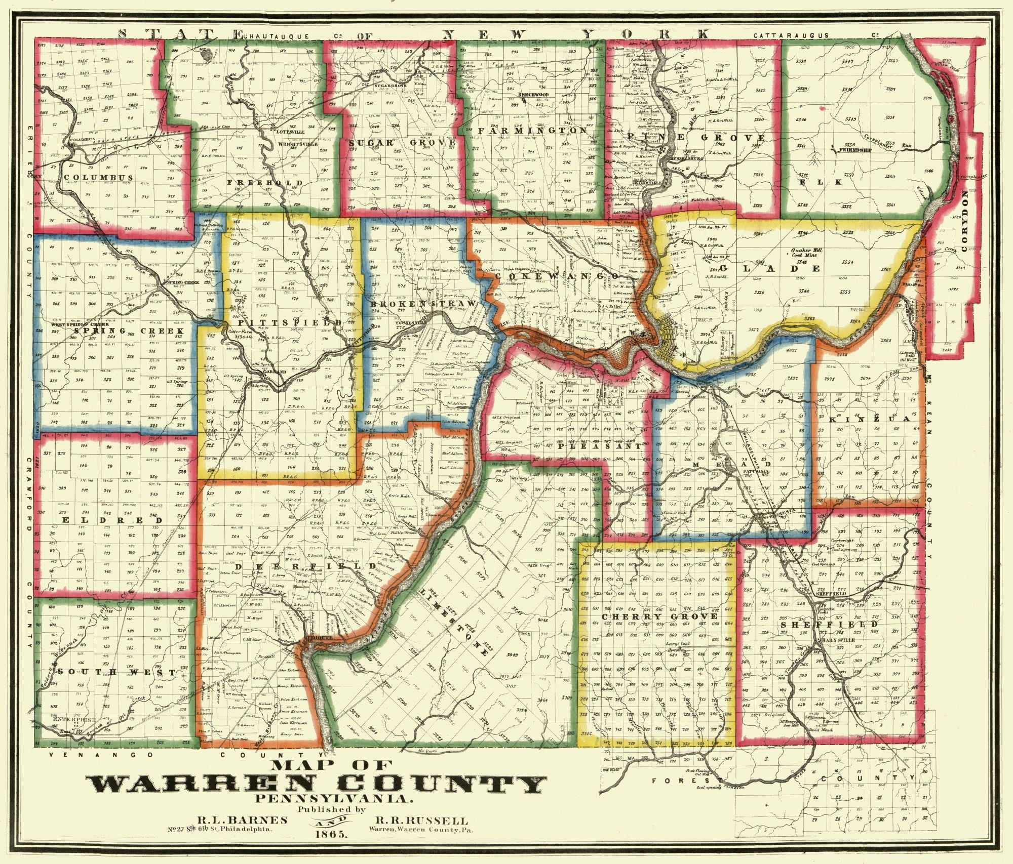 Historic County Map - Warren County Pennsylvania - Barnes 1865 - 26.95 ...