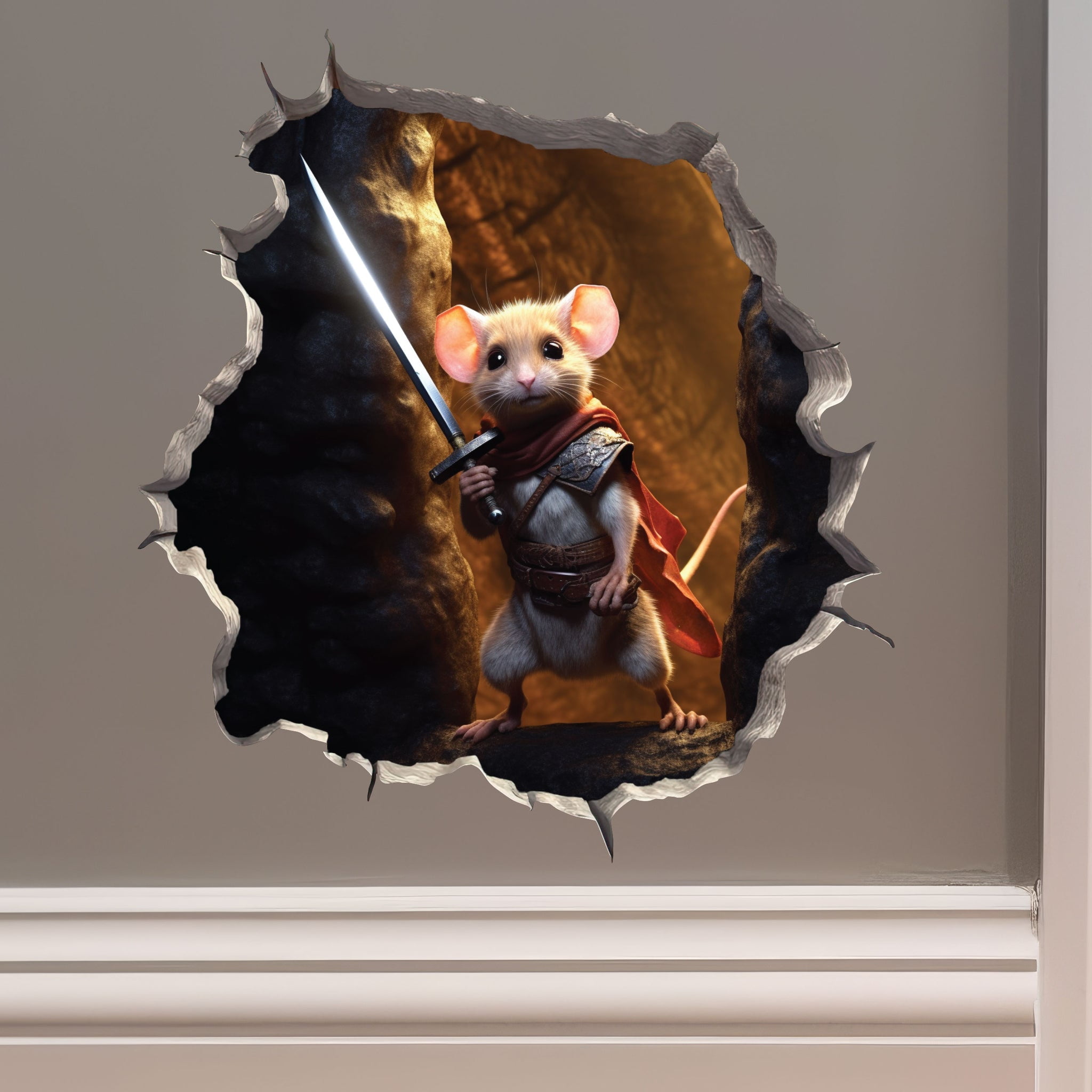 Warrior Knight Mouse in a Mouse Hole Decal - Mouse Hole 3D Wall Sticker ...