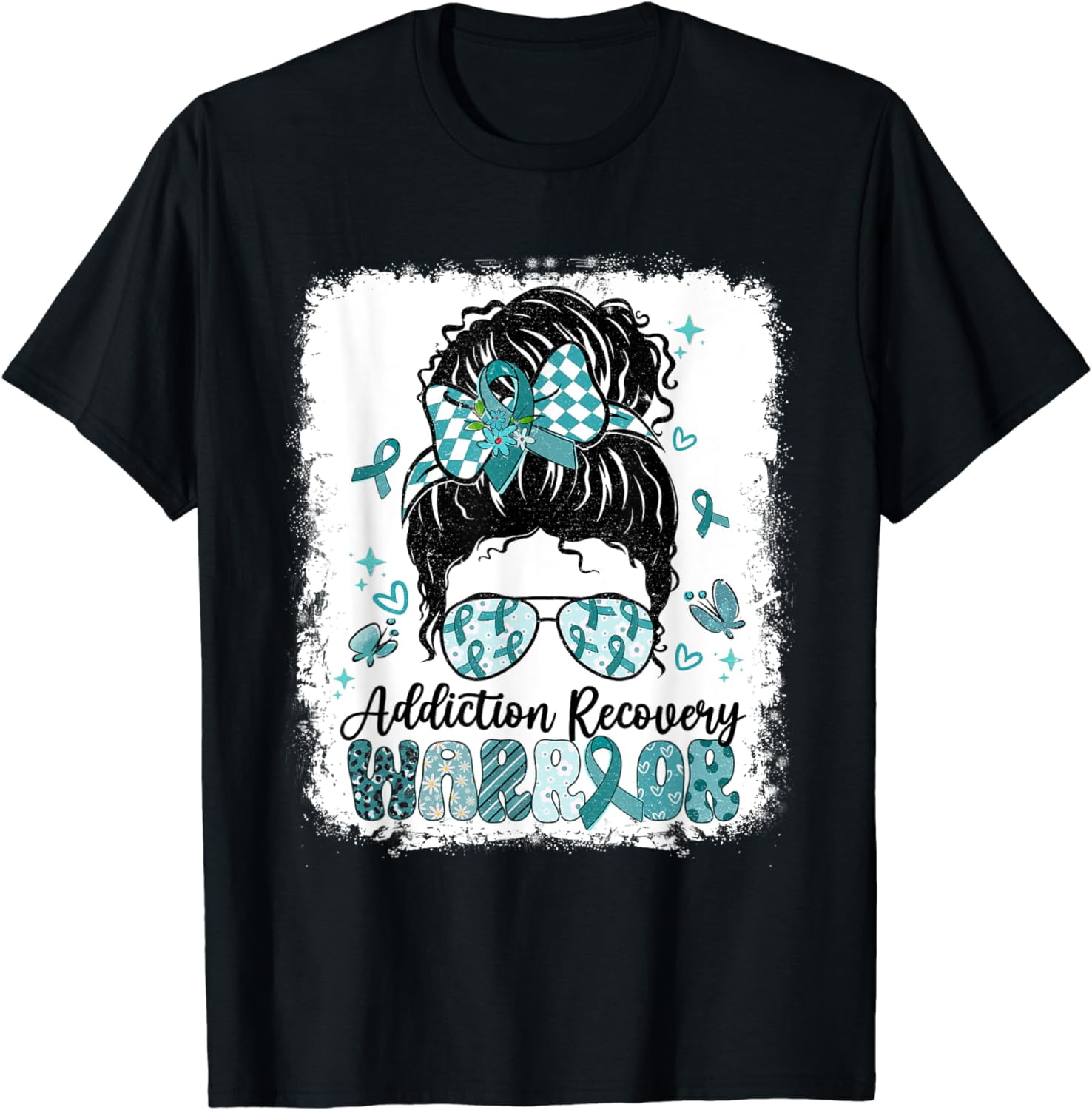 Warrior Messy Bun Teal Ribbon Addiction Recovery T-Shirt - Walmart.com