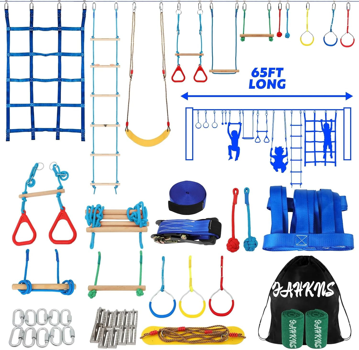 Warrior Obstacle Course for Kids, 65 FT Durable Slackline with 11 ...