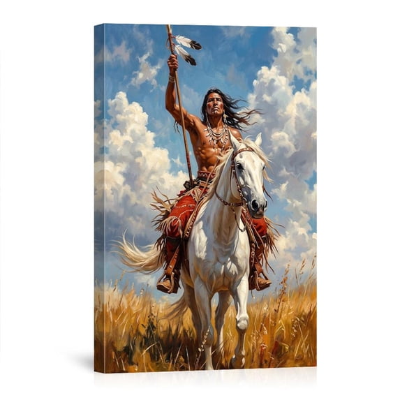 Warrior On White Horse Tribal Plains With Spear For Living Room Bedroom ...