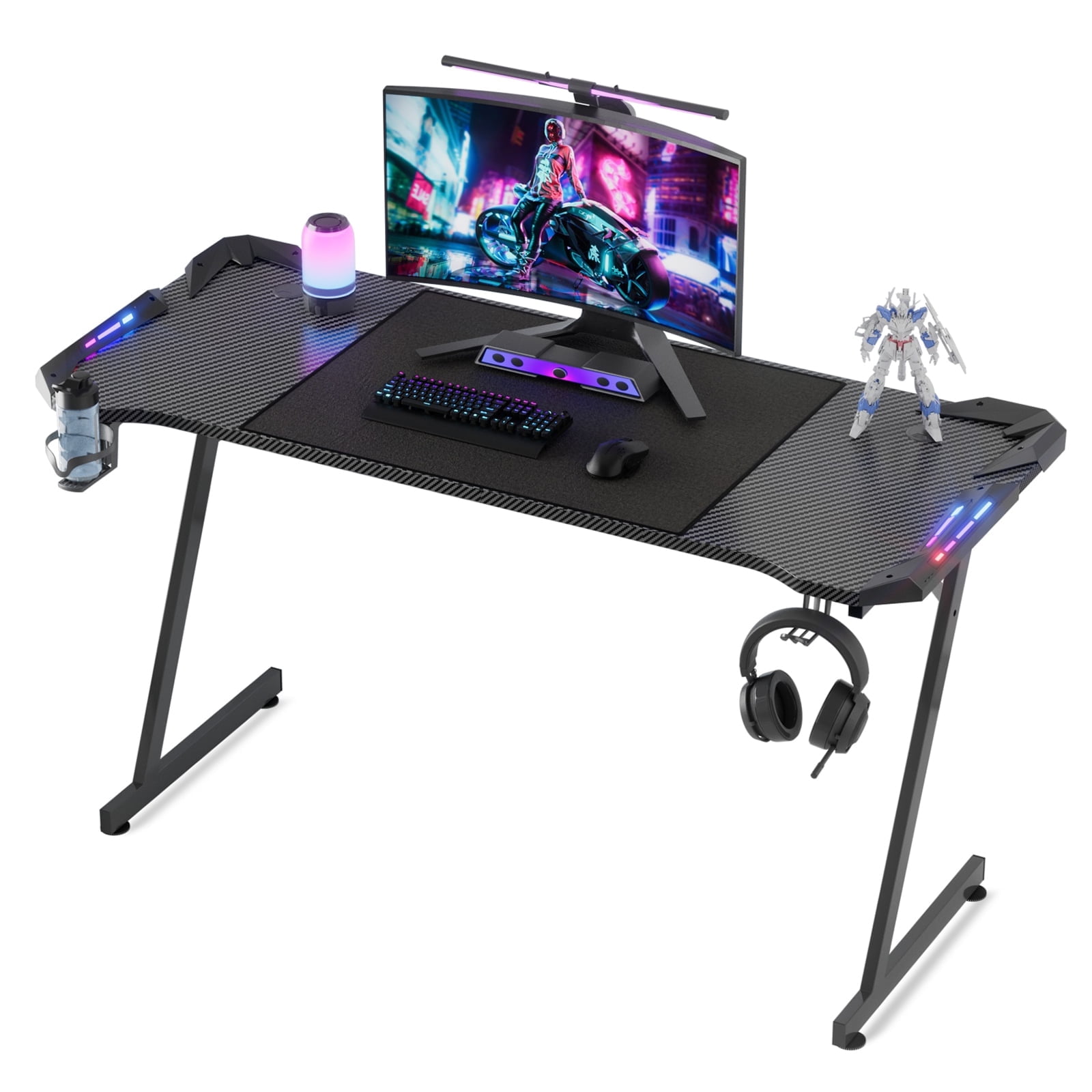 Wasait 55 inch Z Shaped Gaming Desk Computer Gaming Desk with Led light ...