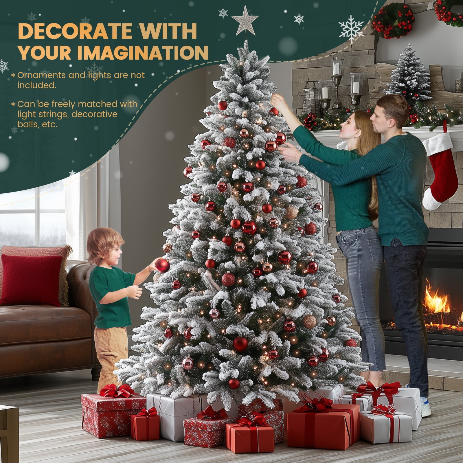 Wasait 7ft Snow Flocked Christmas Tree Prelit Artificial Christmas Tree ...