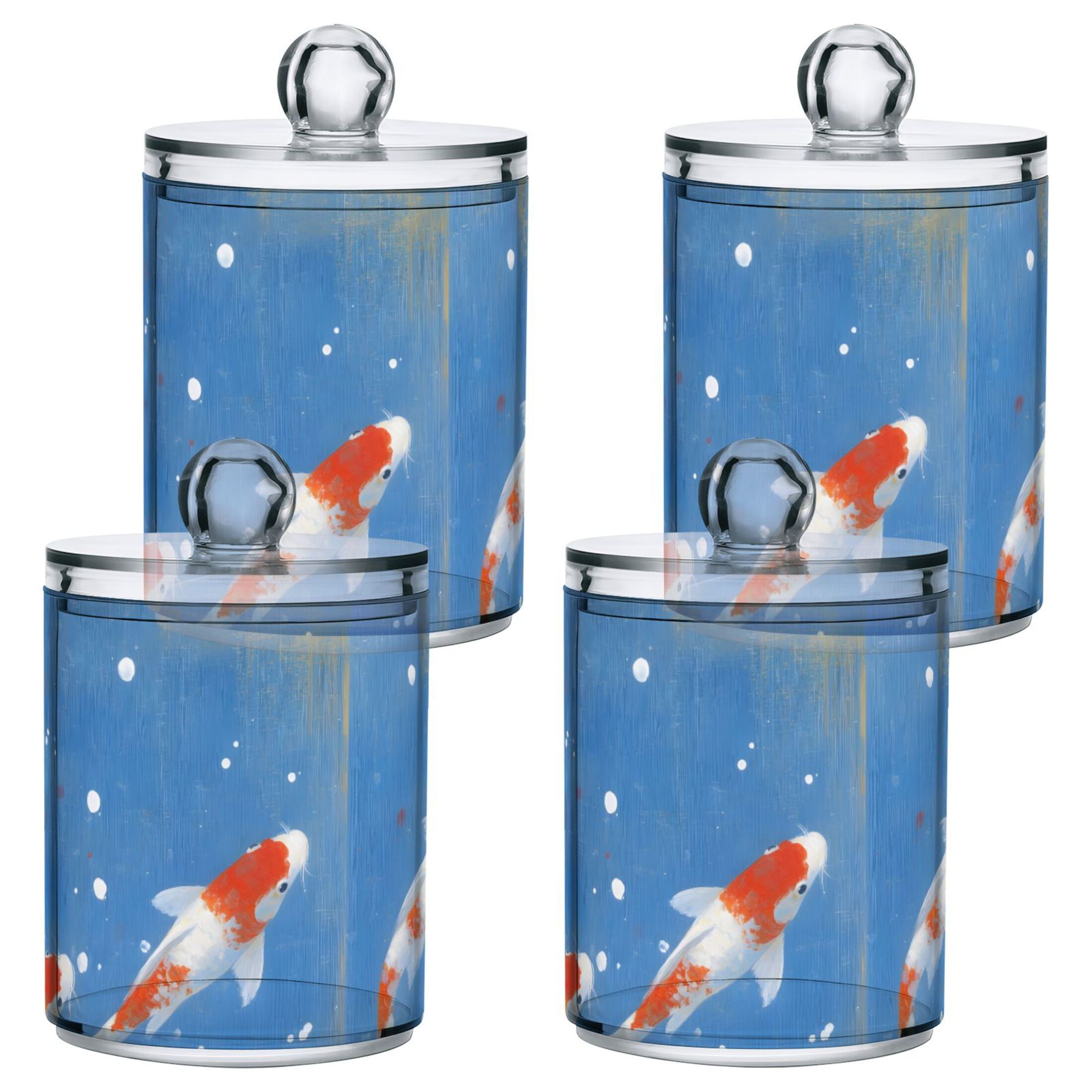 Wash Koi Pattern Bathroom Canisters Set of 4 Translucent Plastic Storage for Cotton Pads and ...
